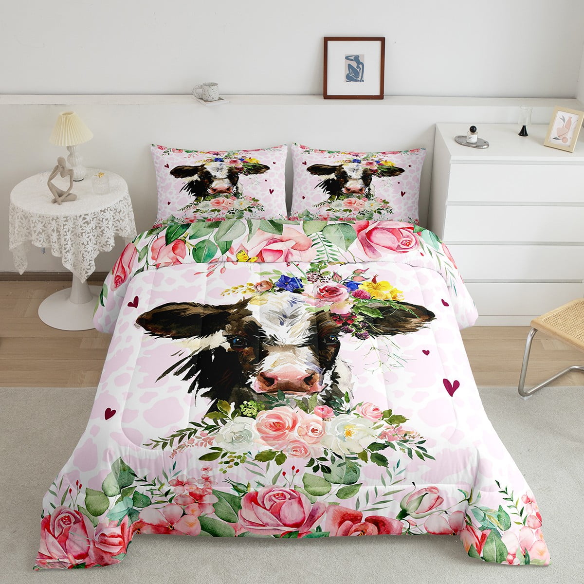 Milk Cow King Bedding Set ,Pink Cow Print Quilt Bohemian Flowers ...