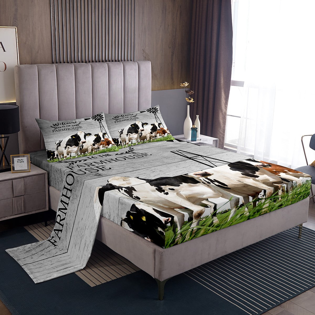 Milk Cow Print Bedding Set Black White Brown Farm Animal Sheet Set King ...