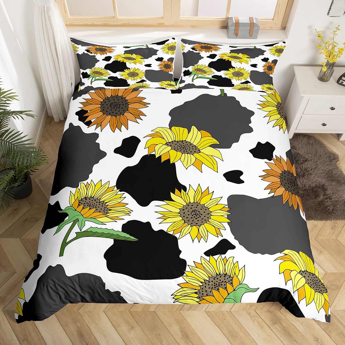 Milk Cow Print Bedding Set Kawaii Room Decor,Grey Black and White Cow ...