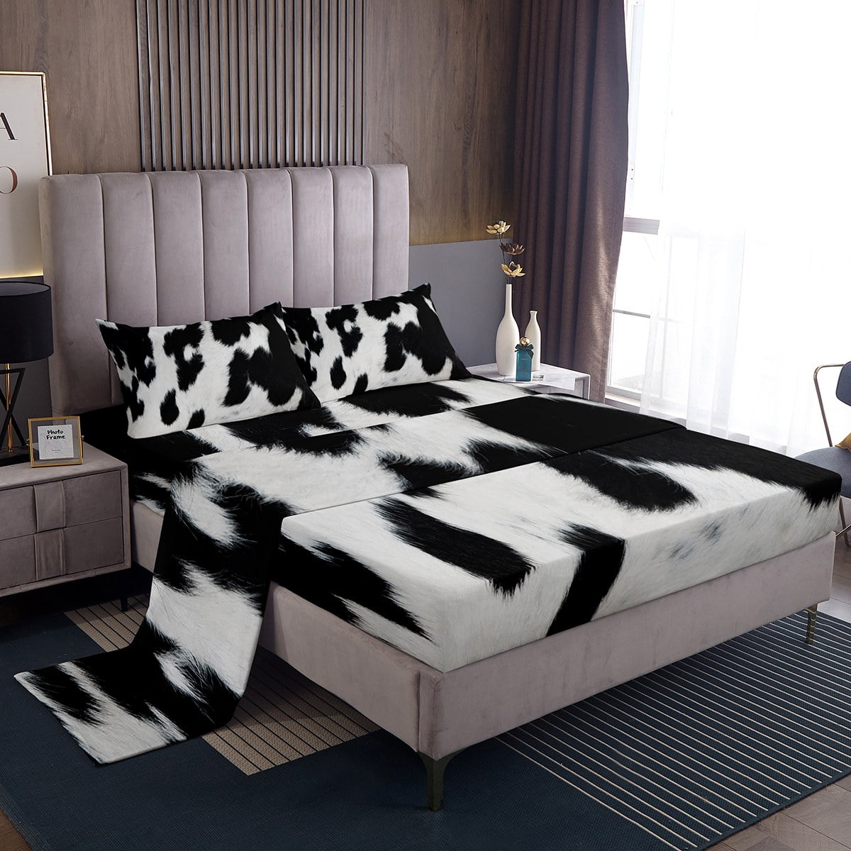 Milk Cow Print Fitted Sheet Queen,Black and White Cowhide Sheet Set ...