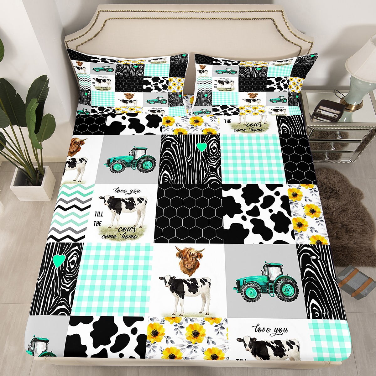 Milk Cow Print Girls Bed Sheets,Truck Tractors Construction Sheets,Farm ...