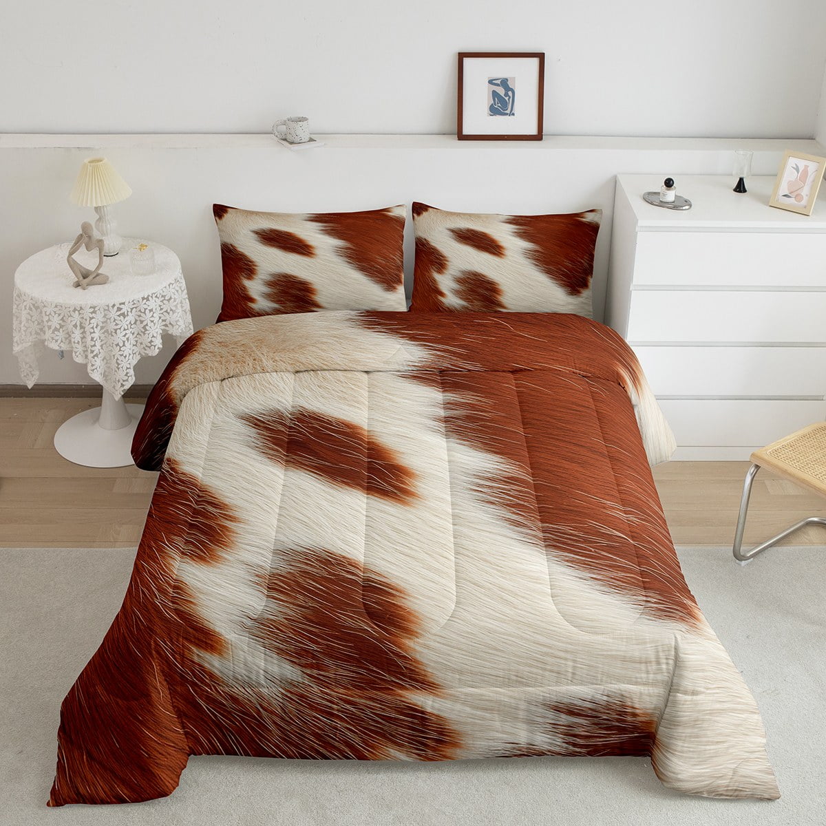 Milk Cow Print Queen Comforter Set for Women,Red Brown Highland Cow ...