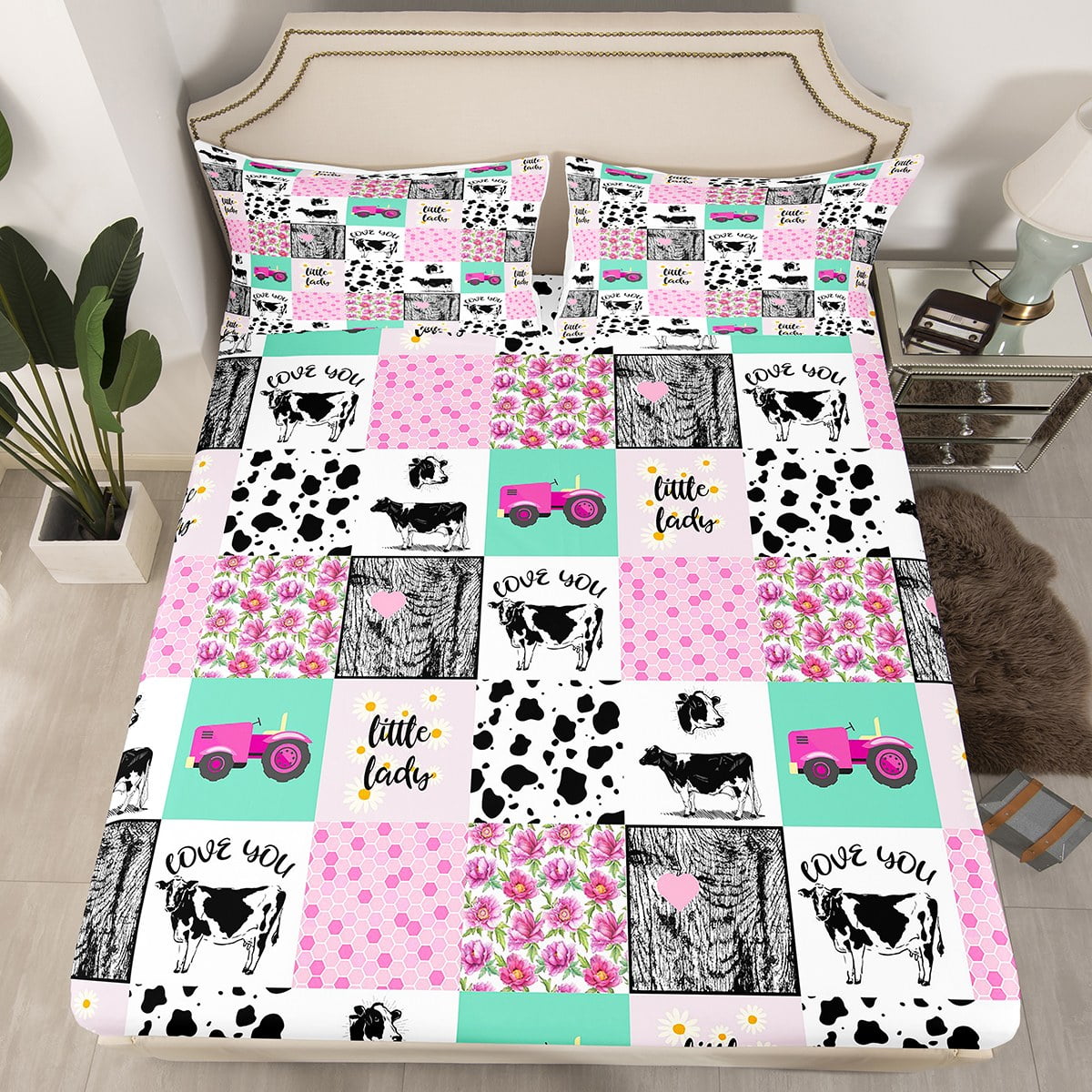 Milk Cow Print Sheets,Pink Farmhouse Tractors Construction Truck Bed ...