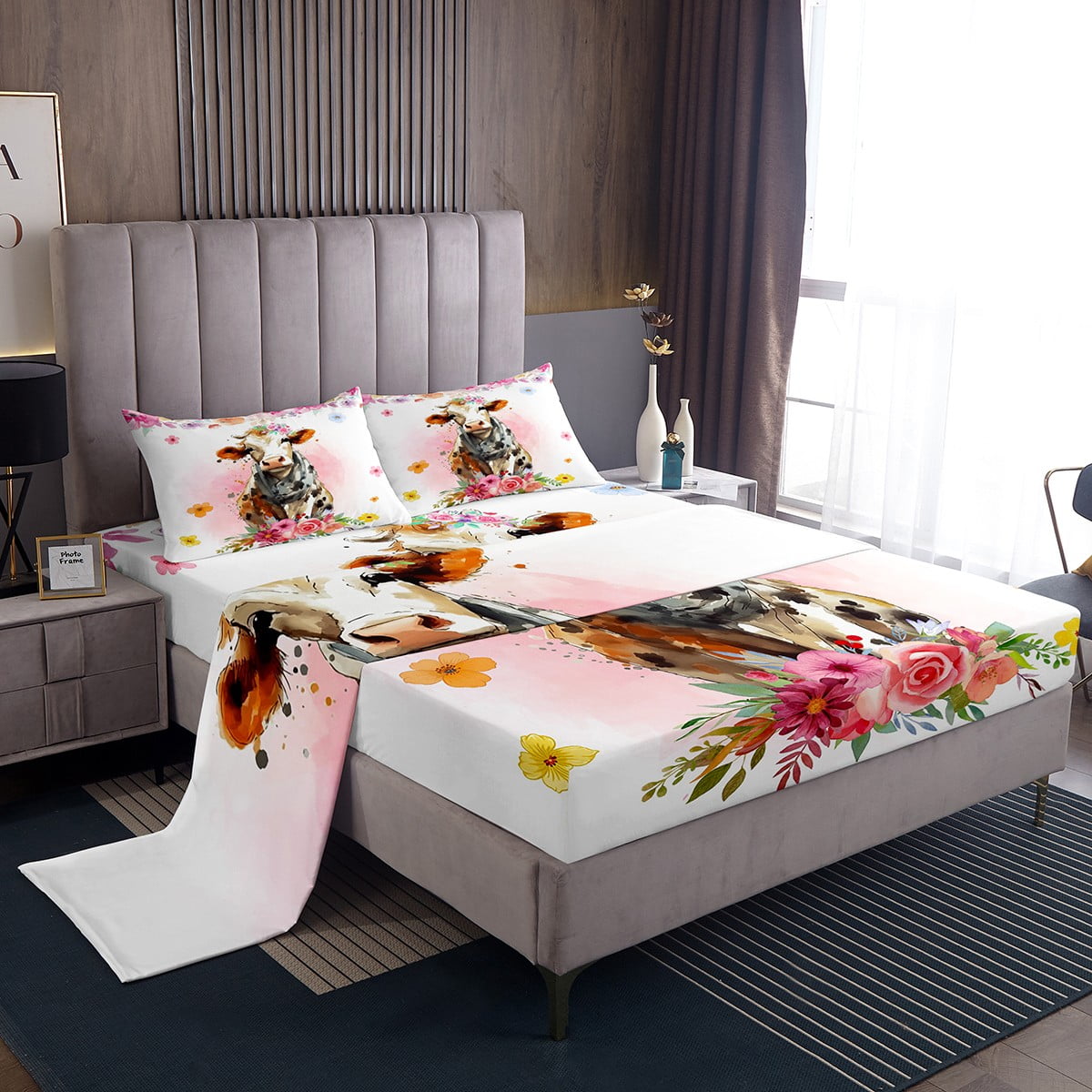 Milk Cow Queen Sheet Set for Boys,Girls Bohemian Flowers Sheets Bull ...