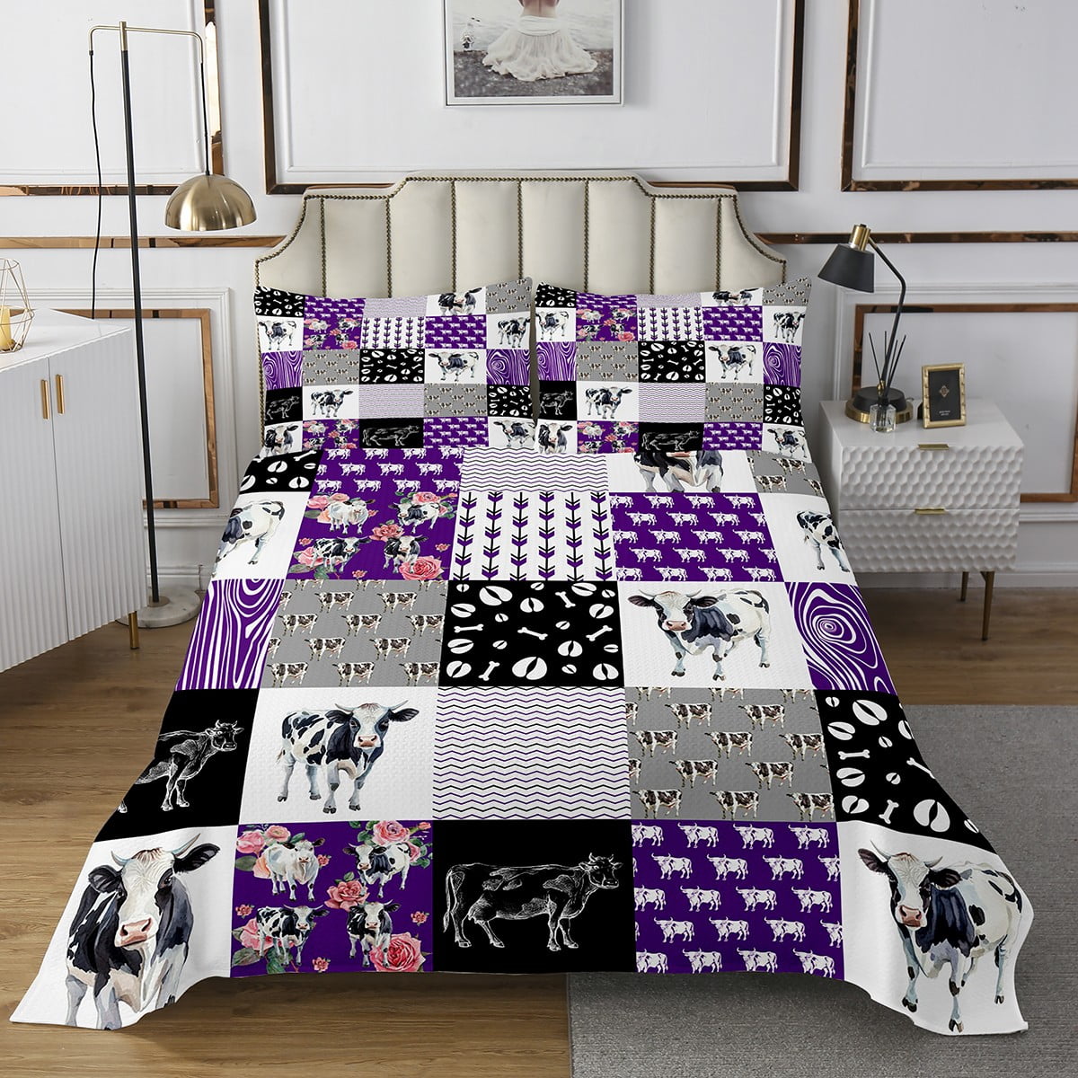 Milk Cow Quilt Set Farm Animals Bedspread Set Queen,Western Cowboy Bull ...