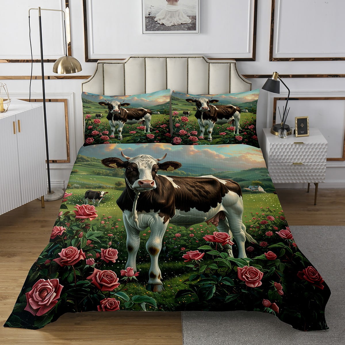 Milk Cow Quilt Set Farm Bull Cattle Bedspread Set Twin,Rose Flowers ...