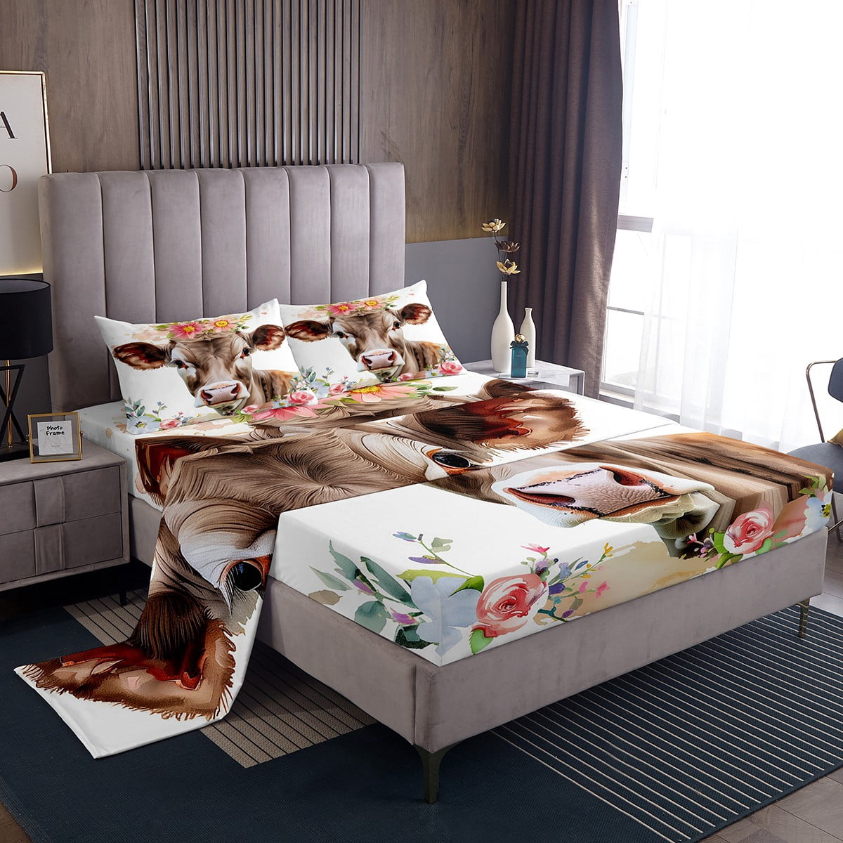 Milk Cow Sheet Set , Bohemian Flowers Flat Fitted Sheet Bull Cattle ...