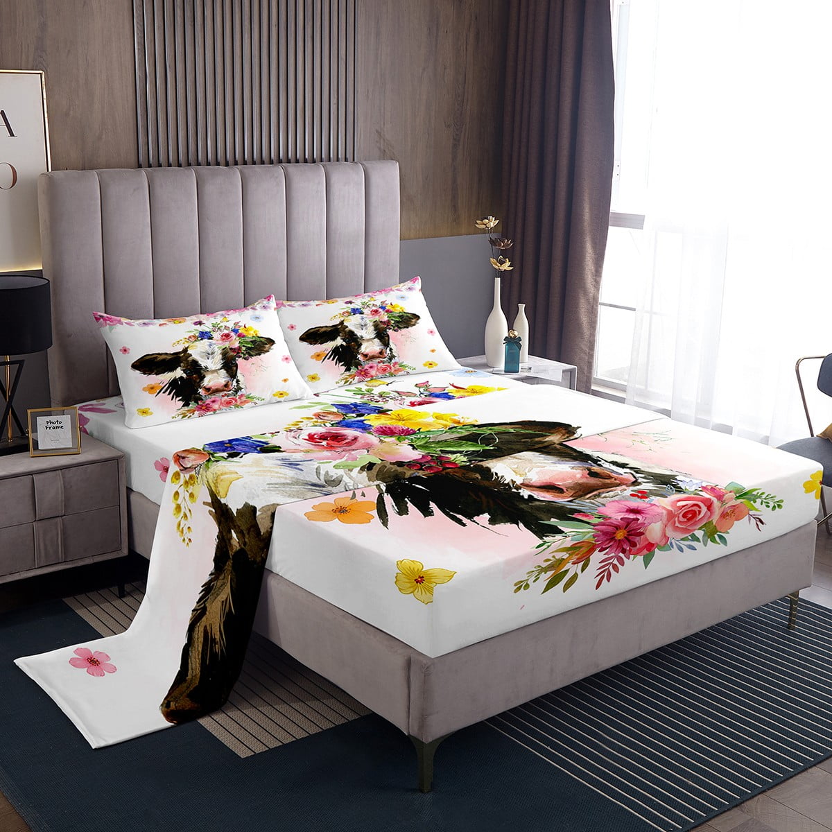 Milk Cow Sheet Set , Flowers Sheets Bull Cattle Farm Animals Bed Sheets ...