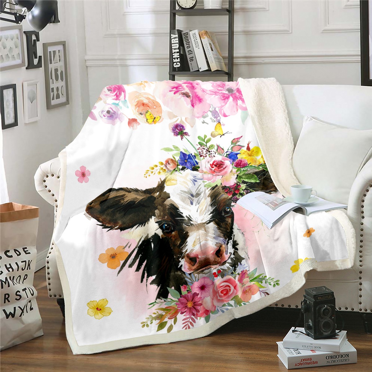 Milk Cow Throw Blanket , Flowers Fleece Blanket Bull Cattle Farm ...
