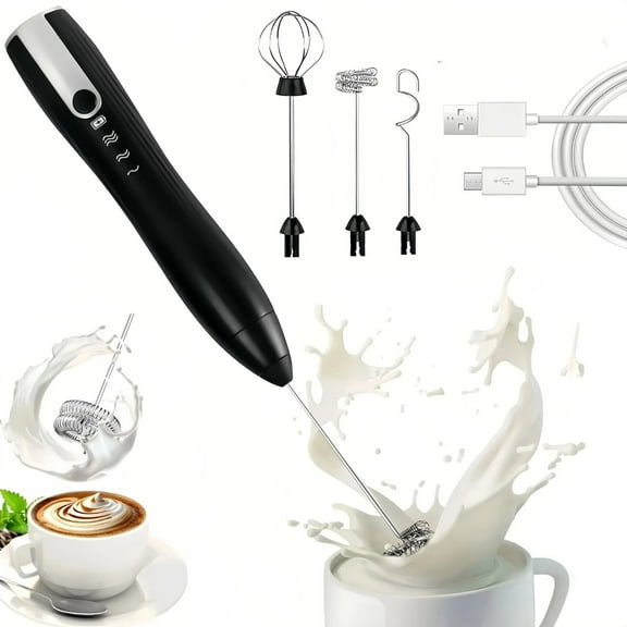 Rechargeable Milk Frother Handheld with 3 Detachable Stainless Steel ...