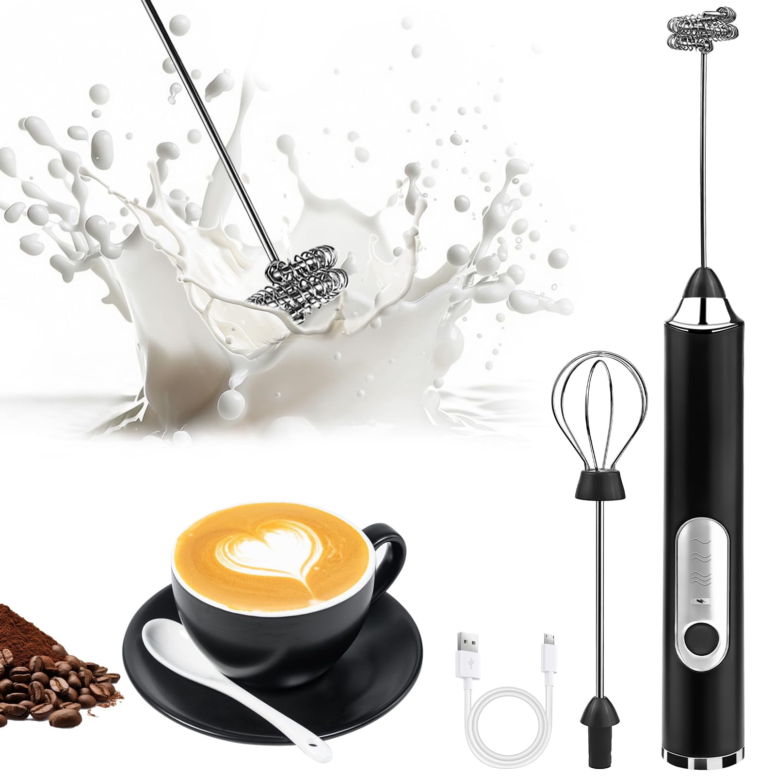 Milk Frother Handheld, Rechargeable Coffee Frother Wand with 2 ...