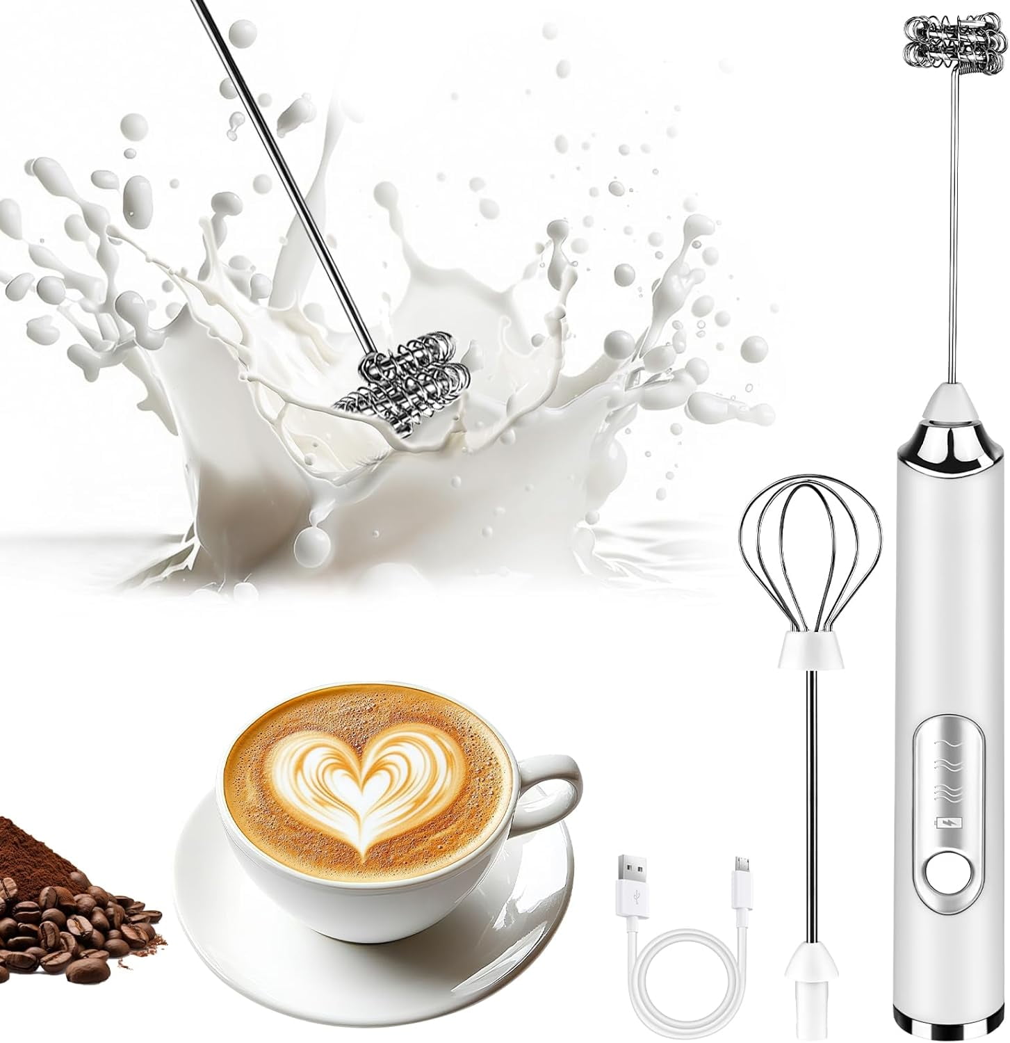 Milk Frother Handheld, Rechargeable Coffee Wand with 2 Stainless Whisks ...
