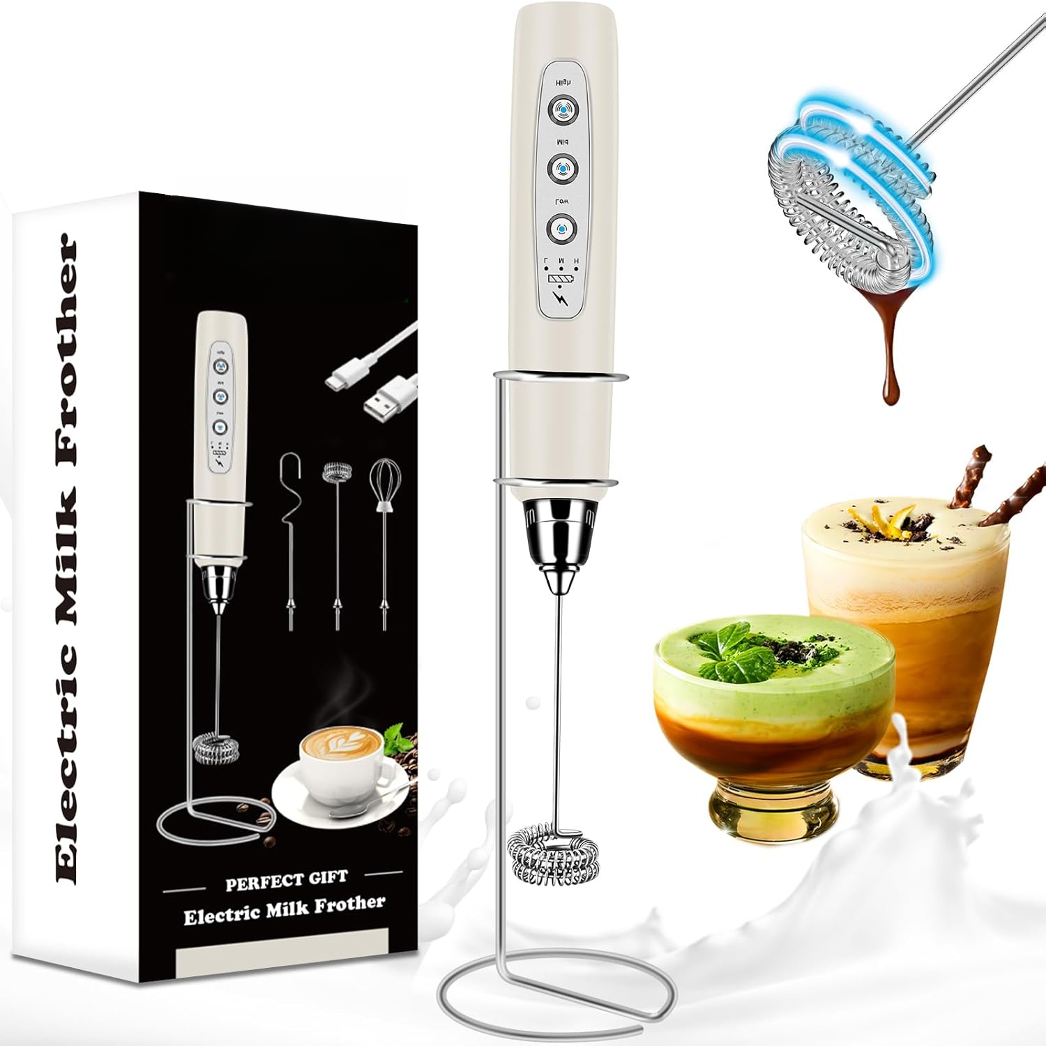 Milk Frother Handheld Rechargeable, Frother Wand Drink Mixer Electric ...