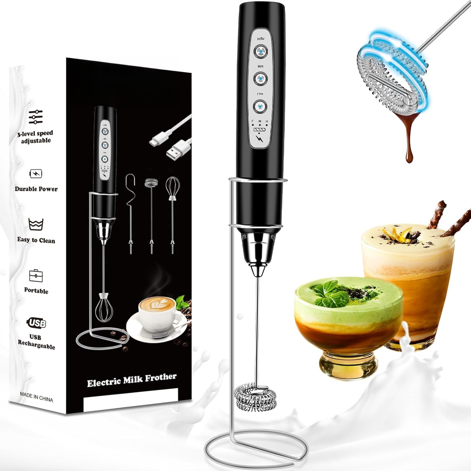 Milk Frother Handheld Rechargeable, Frother Wand Drink Mixer Electric ...