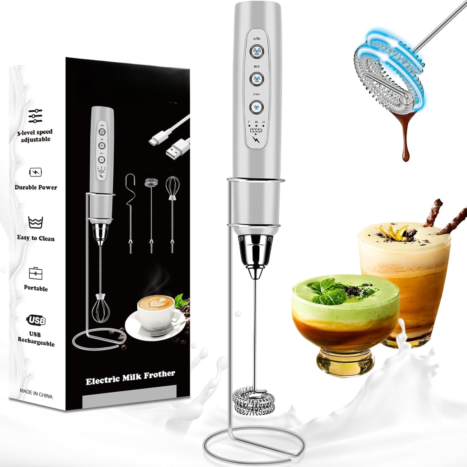 Milk Frother Handheld Rechargeable, Frother Wand Drink Mixer Electric ...