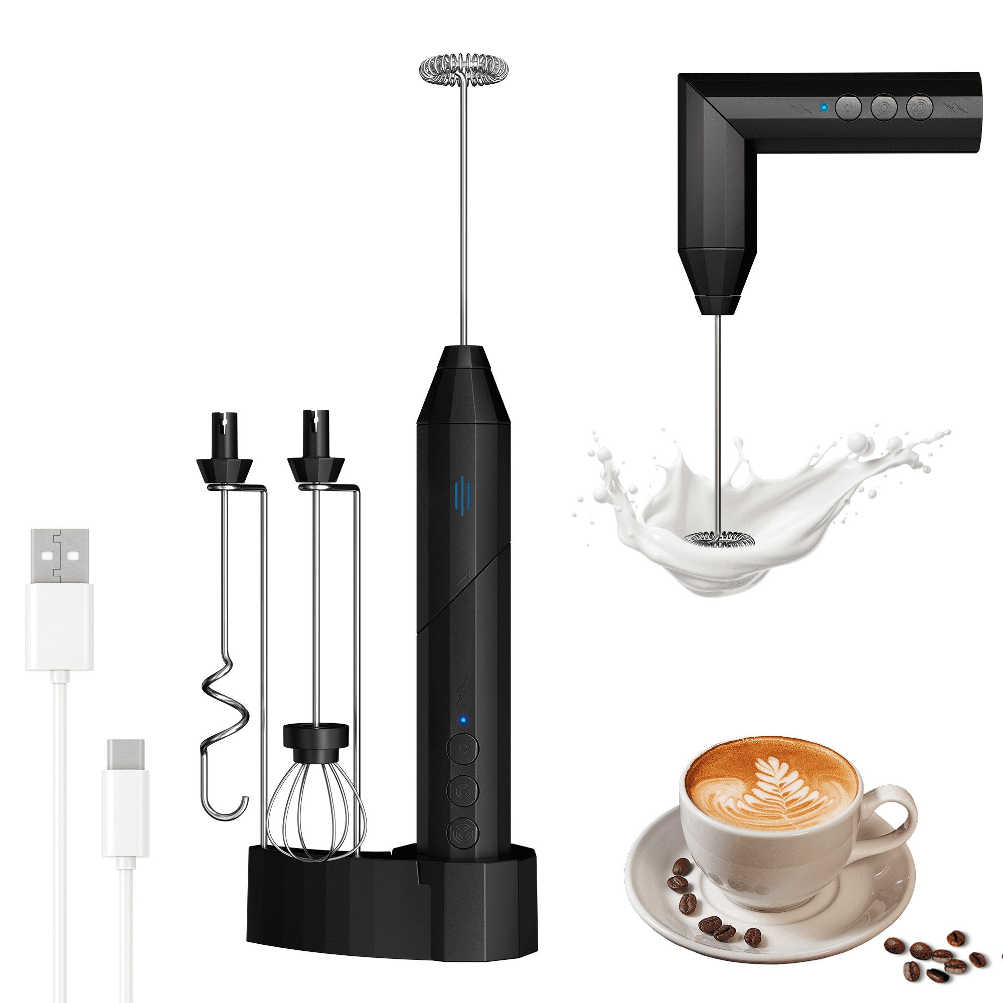 Handheld Rechargeable Milk Frother with Stand, 3 Stainless Steel Whisks ...