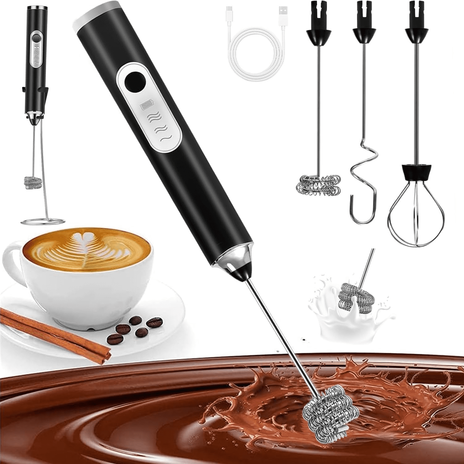 Milk Frother Handheld Rechargeable with Stand, Frother Wand Drink Mixer ...