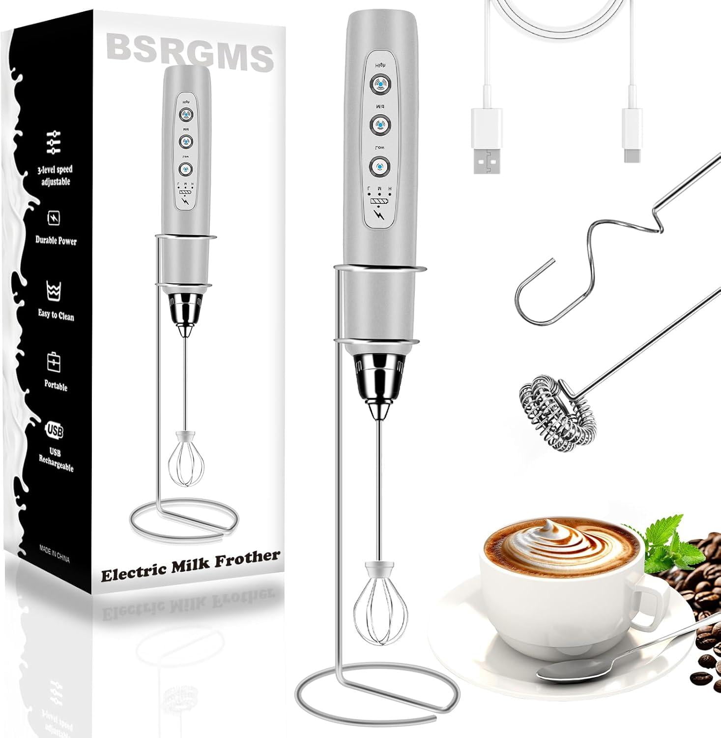 Milk Frother Handheld with Stand, Electric Whisk 3 Speed Adjustable ...