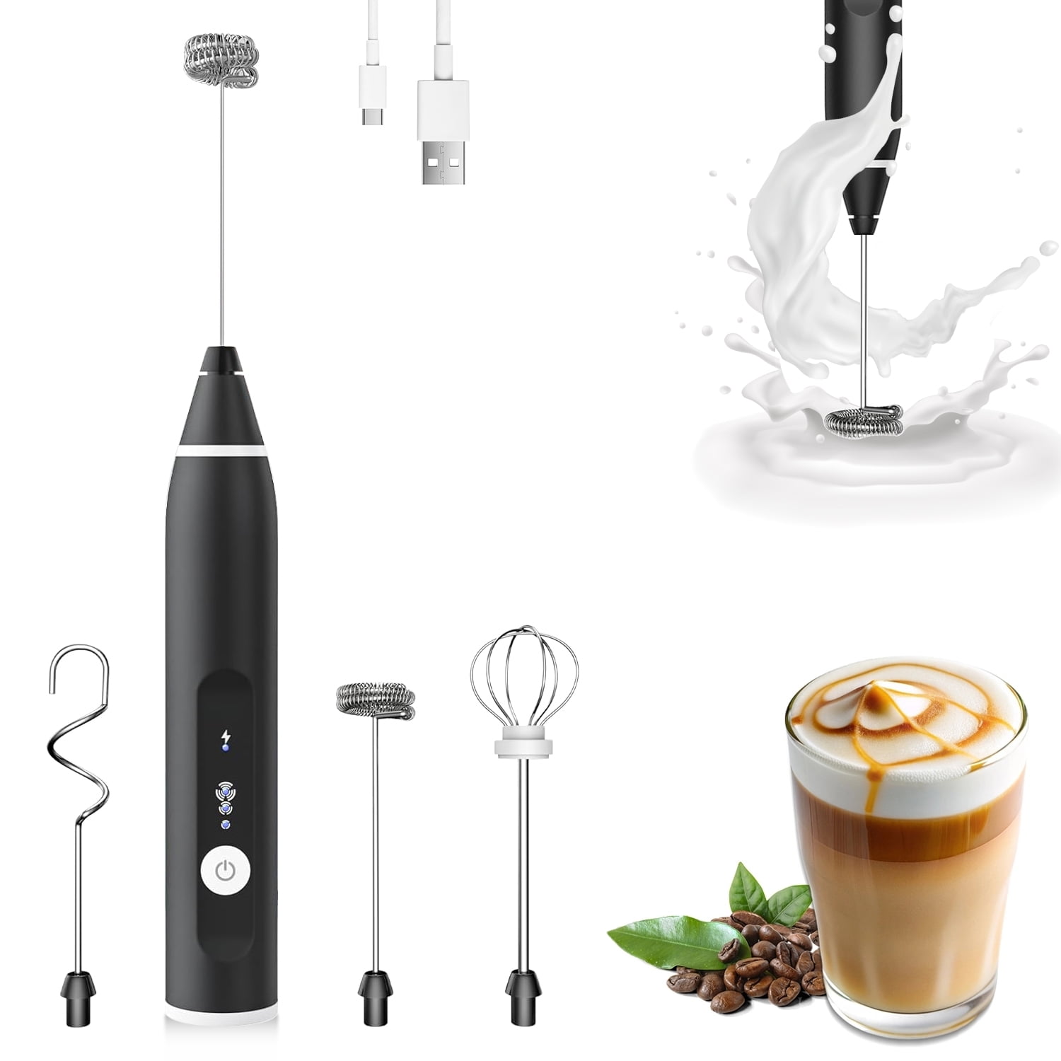 Rirool Rechargeable Milk Frother Handheld 3-Speed, Electric Whisk with ...