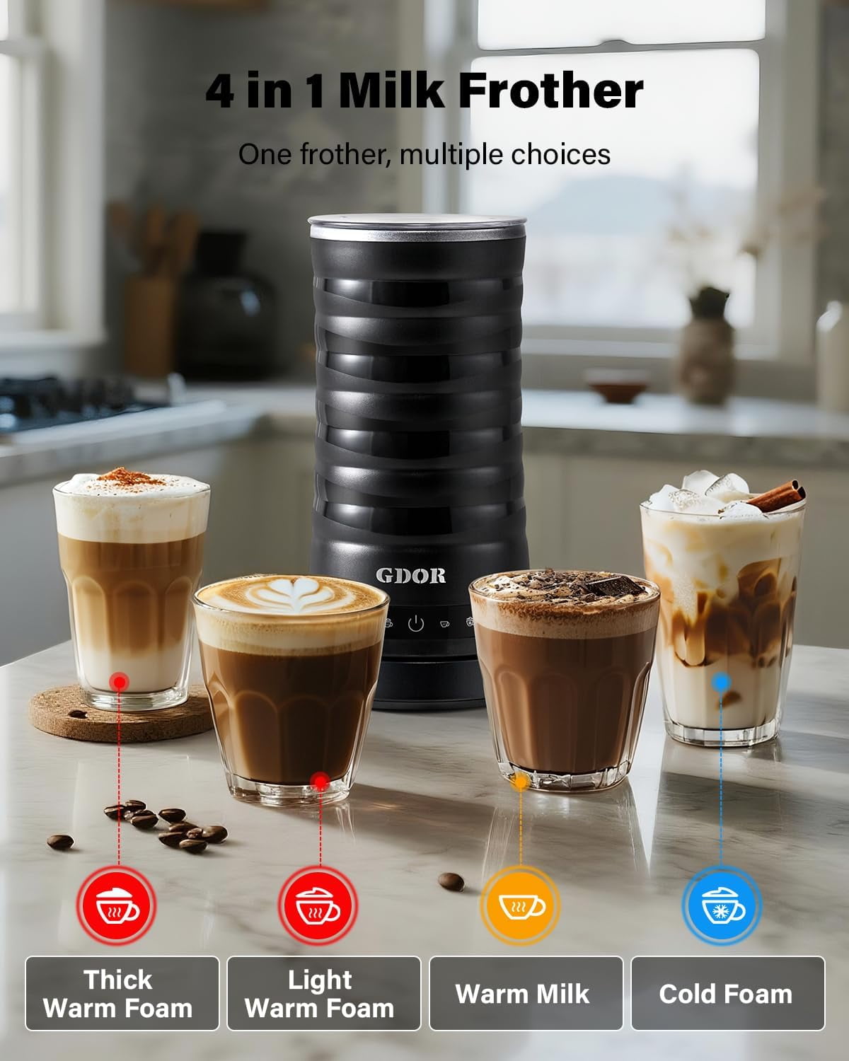 Milk Frother and Steamer, 4 in 1 Milk Steamer, 10oz Large Capacity ...