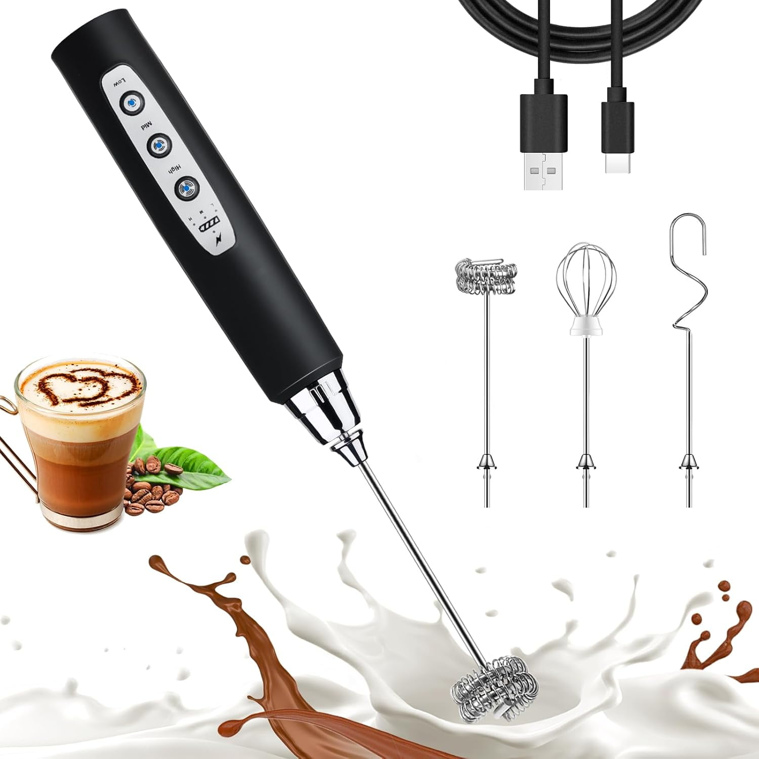Milk Frother Wand for Coffee, Handheld Rechargeable Electric Whisk ...