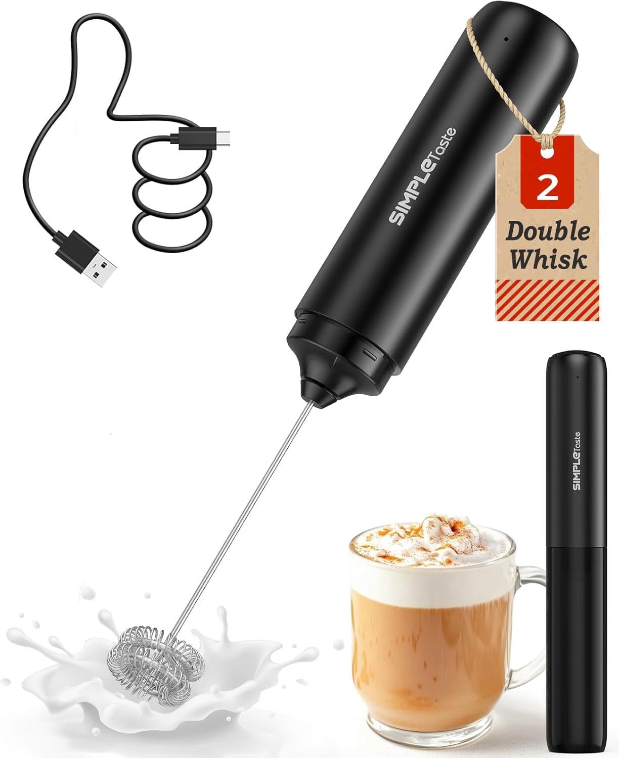 Milk Frother Wand Rechargeable Handheld Drink Mixer, USB-C Electric ...