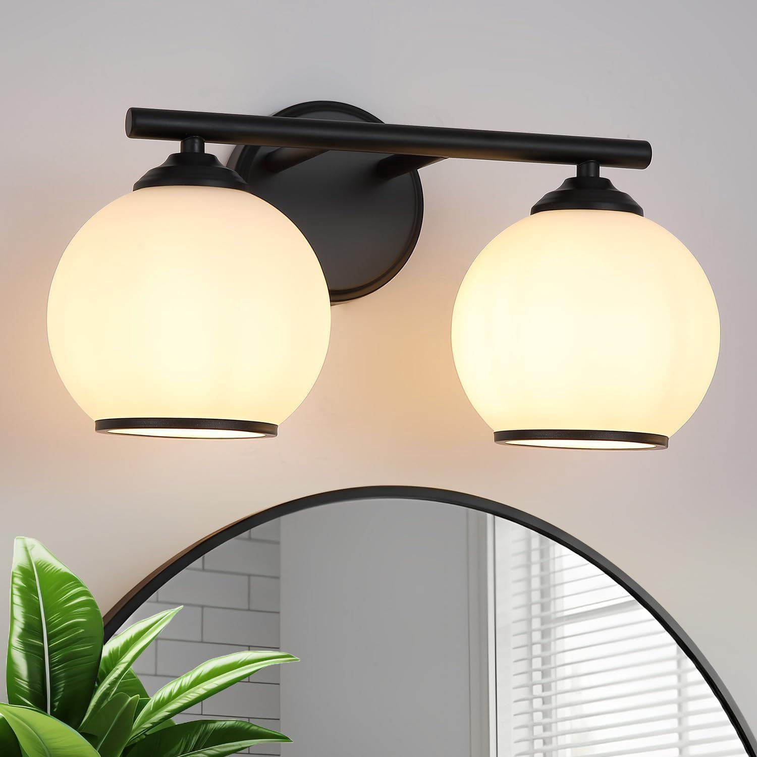 Milk Glass Bathroom Vanity Light Over Mirror, 2 Light Matte Black ...