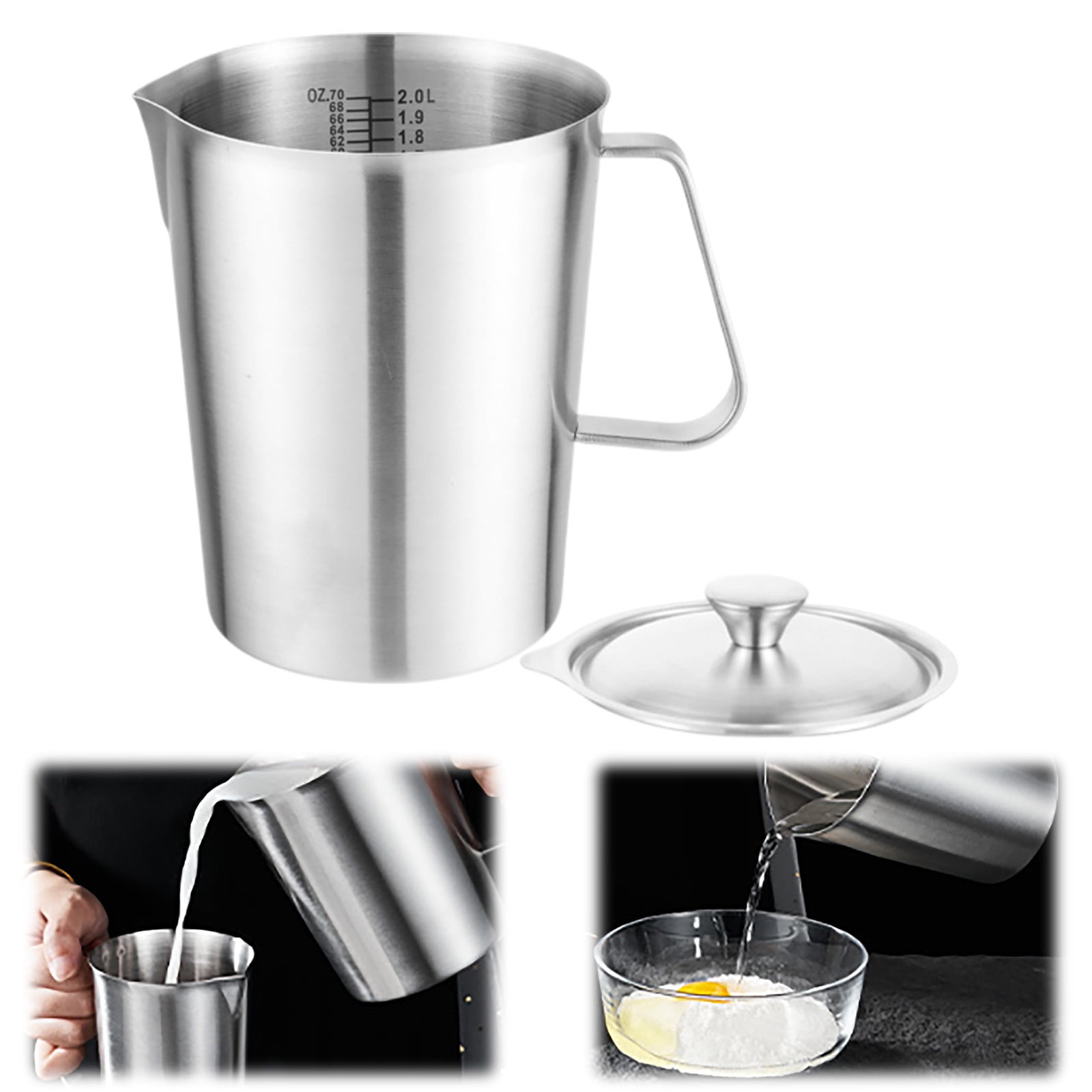 Milk Jug 2L Stainless Steel Measuring Cup With Lid Scale Practical Milk ...
