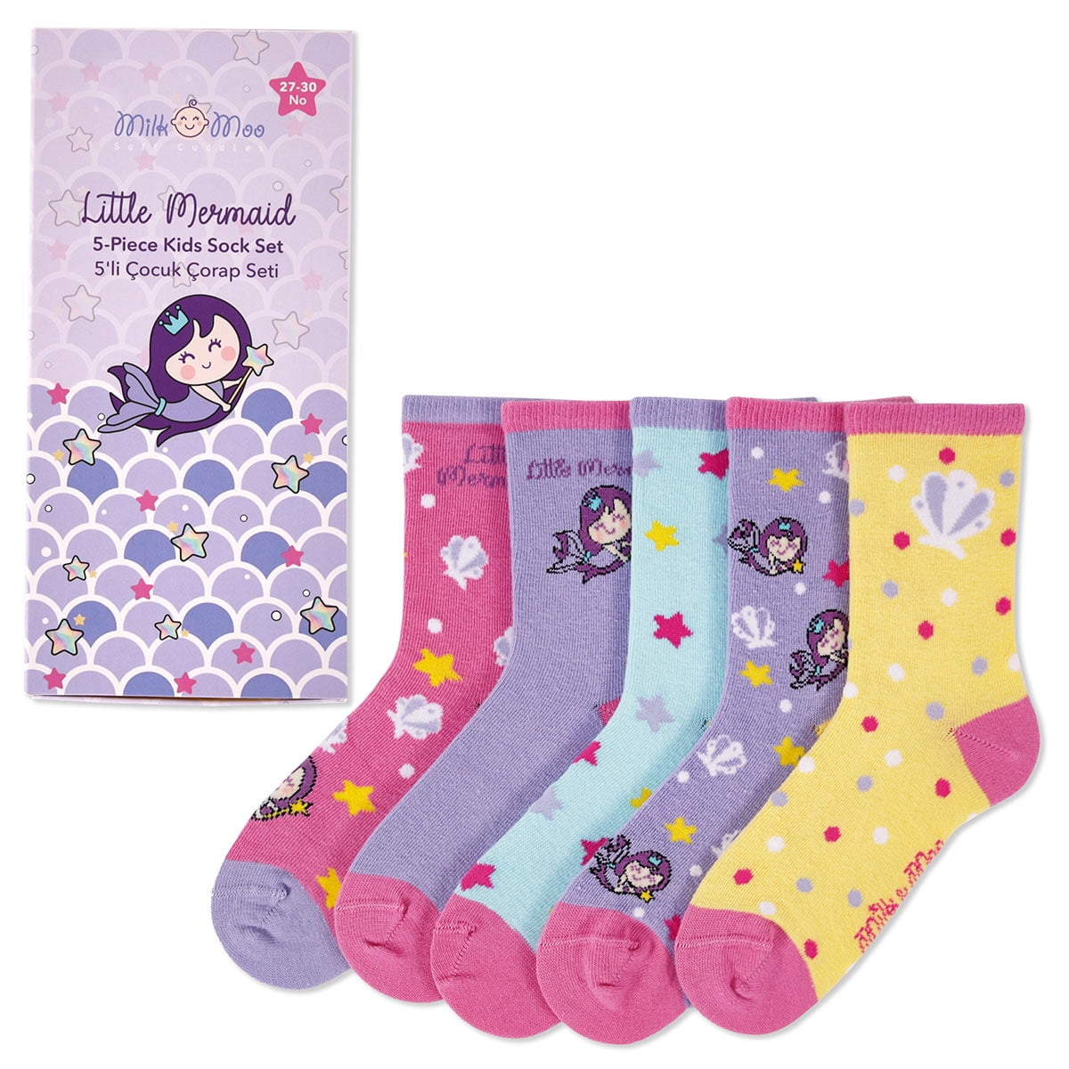 Milk&Moo Little Mermaid 5-Pack Kids Socks, Size 27-30, Playful Design ...