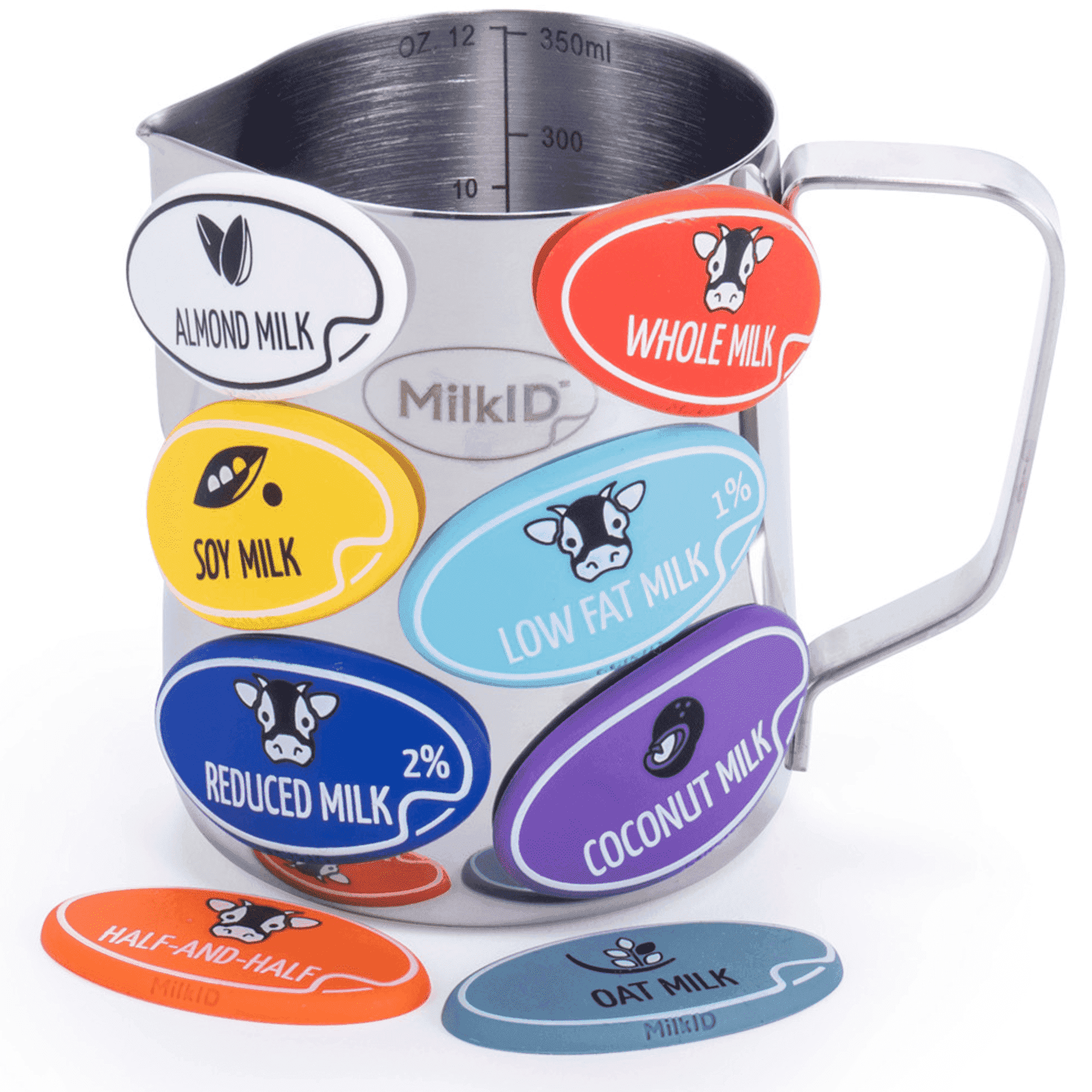 MilkID 12oz Silver Milk Frothing Pitcher with 8 Allergen Silicone Snap ...