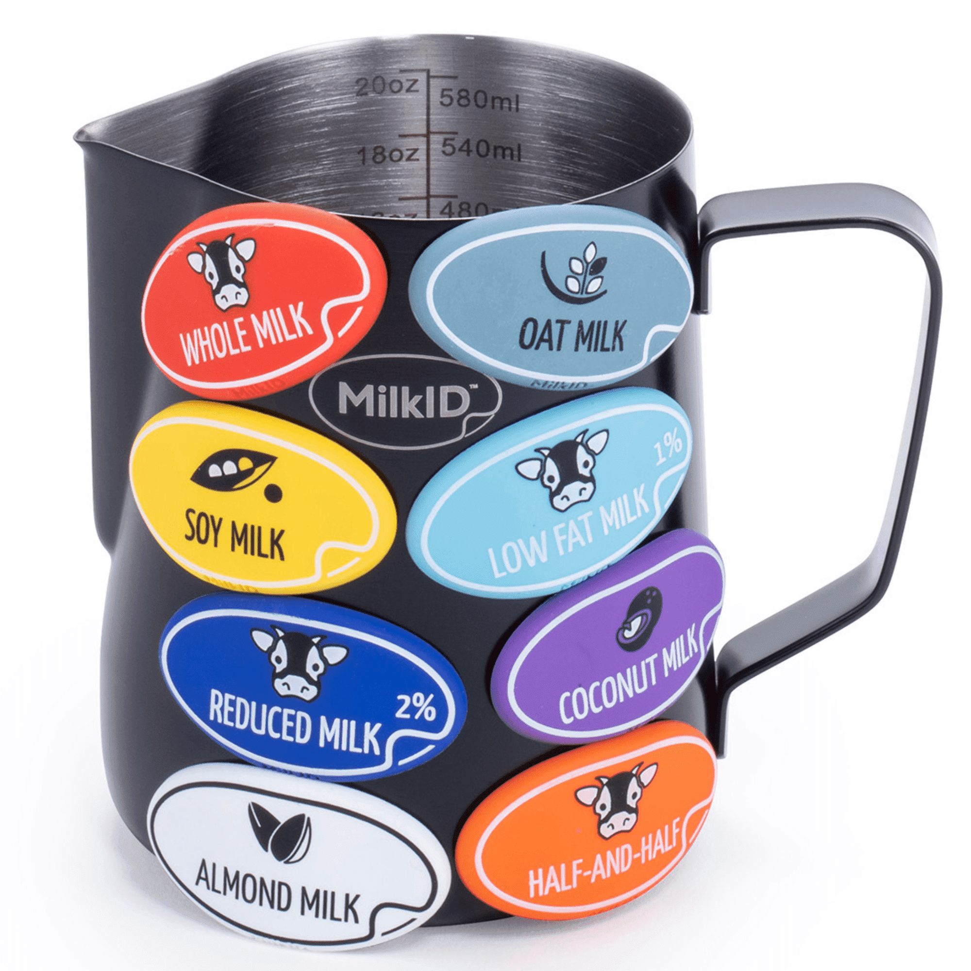 MilkID 20oz Black Milk Frothing Pitcher with 8 Allergen Silicone Snap ...