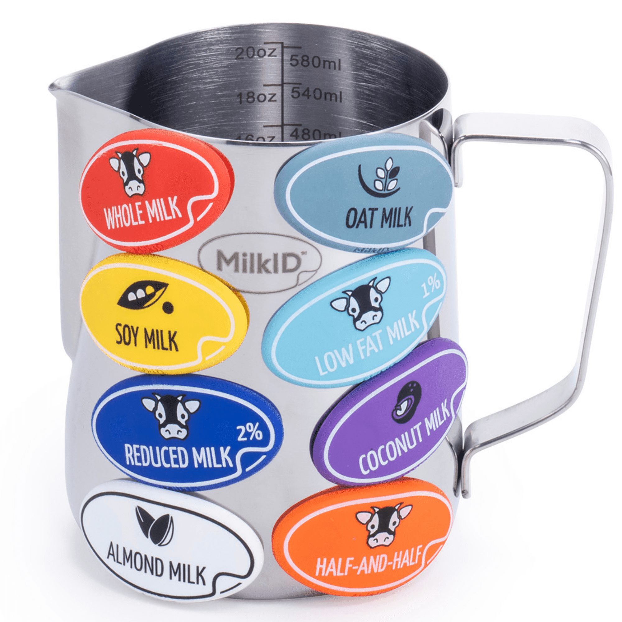 MilkID 20oz Silver Milk Frothing Pitcher with 8 Allergen Silicone Snap ...