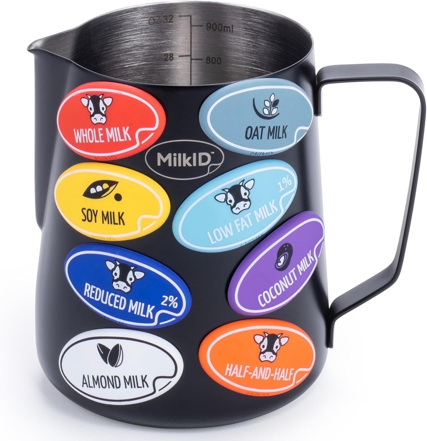 MilkID 32oz Black Milk Frothing Pitcher with 8 Allergen Silicone Snap ...