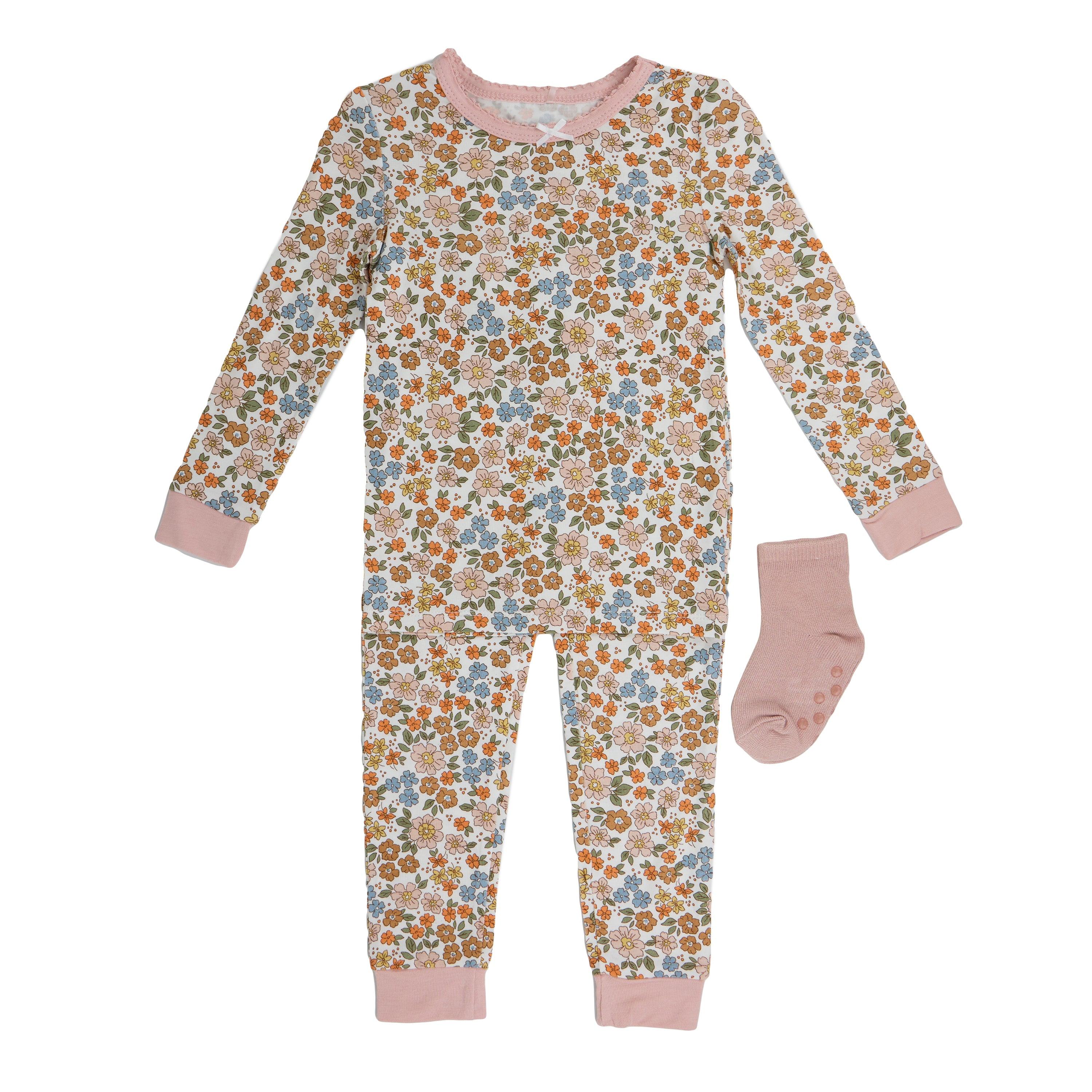 Milkberry Soft Bamboo Pajamas Infant Pajama Set for Girls w/ Matching Socks in Pink Flower Art ...