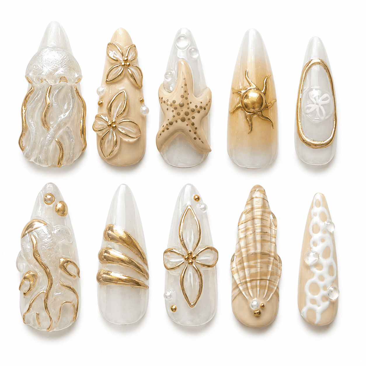 Milky White Ocean Press on Nails, Medium Almond Glossy Fake Nails with ...