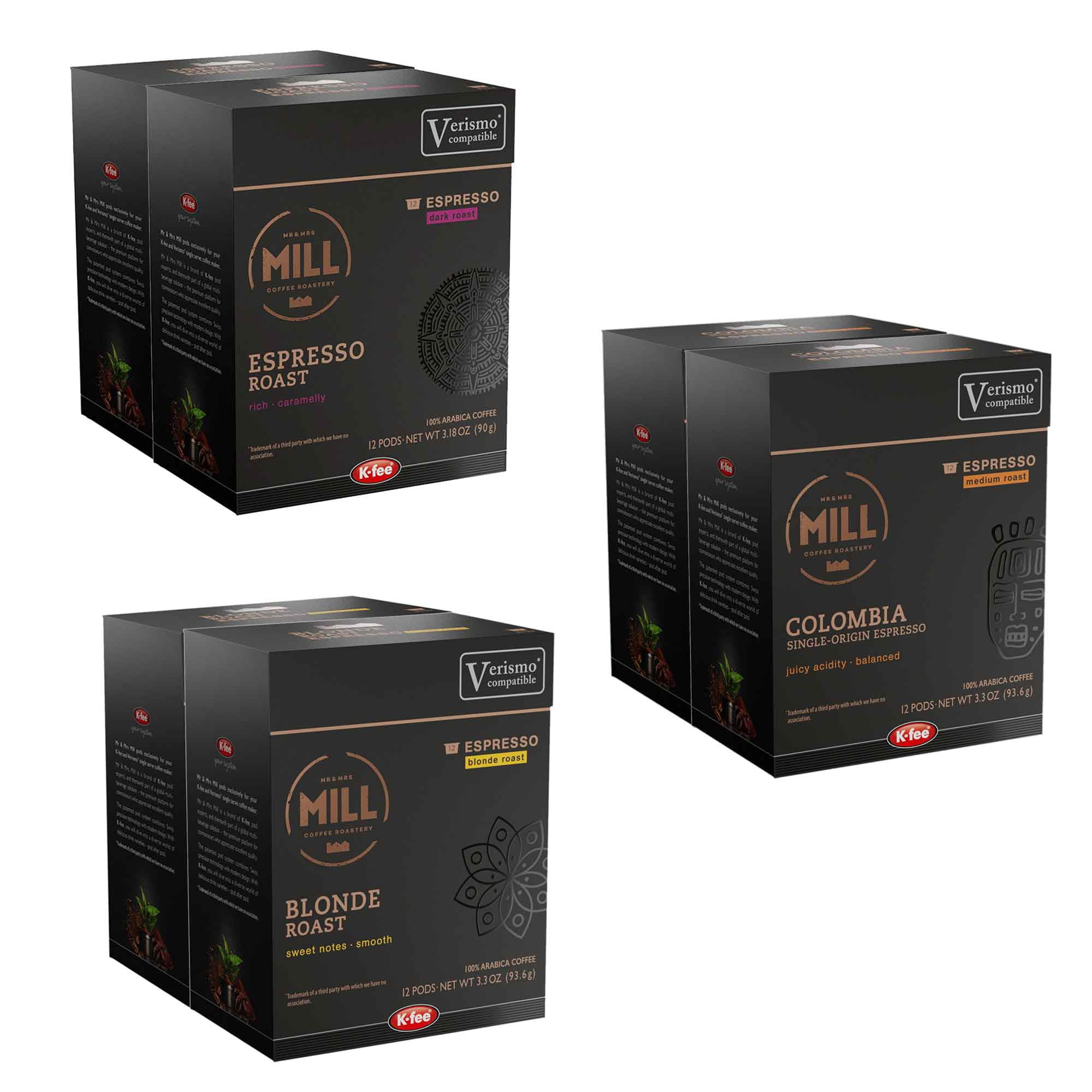 Mill Coffee Espresso Variety Pack Dark, Medium & Blonde Roast K-fee® & Starbucks® Verismo ...