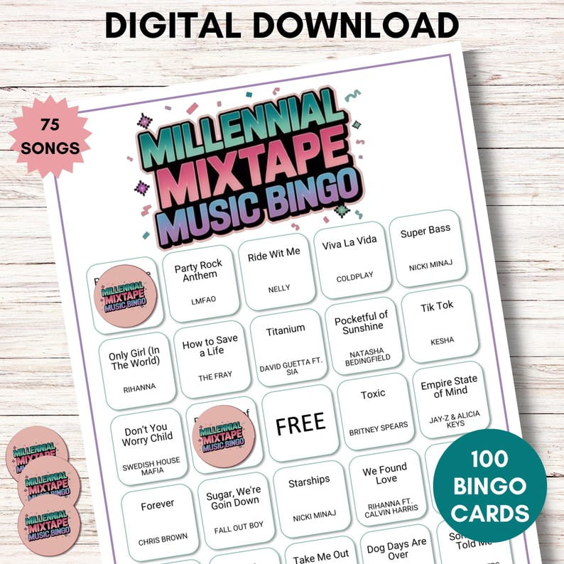 Millennial Mixtape Music Bingo — 00s & 10s Party Game, 75 Songs, 100 ...