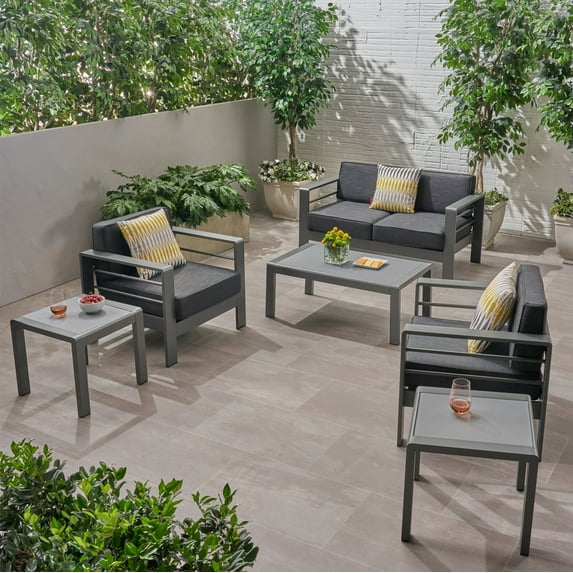 Noble House Cape Coral Outdoor 4 Seater Chat Set with 2 Side Tables ...