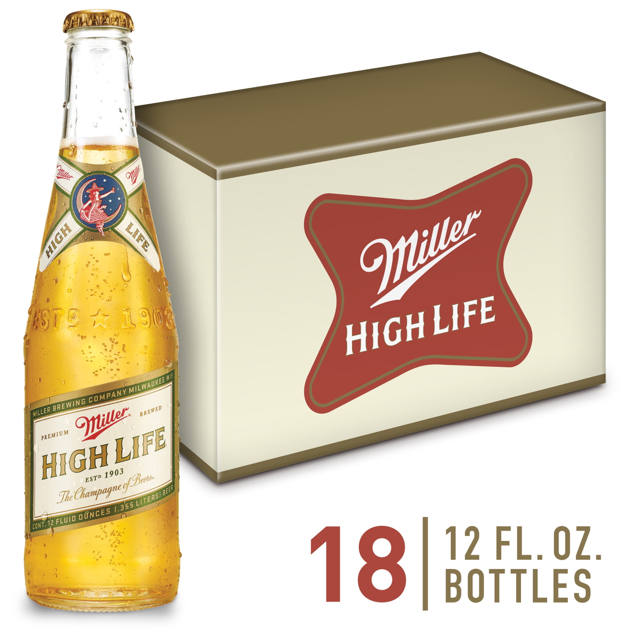 Miller High Life Beer, 18 Pack, 12 fl oz Glass Bottles, 4.6% ABV ...