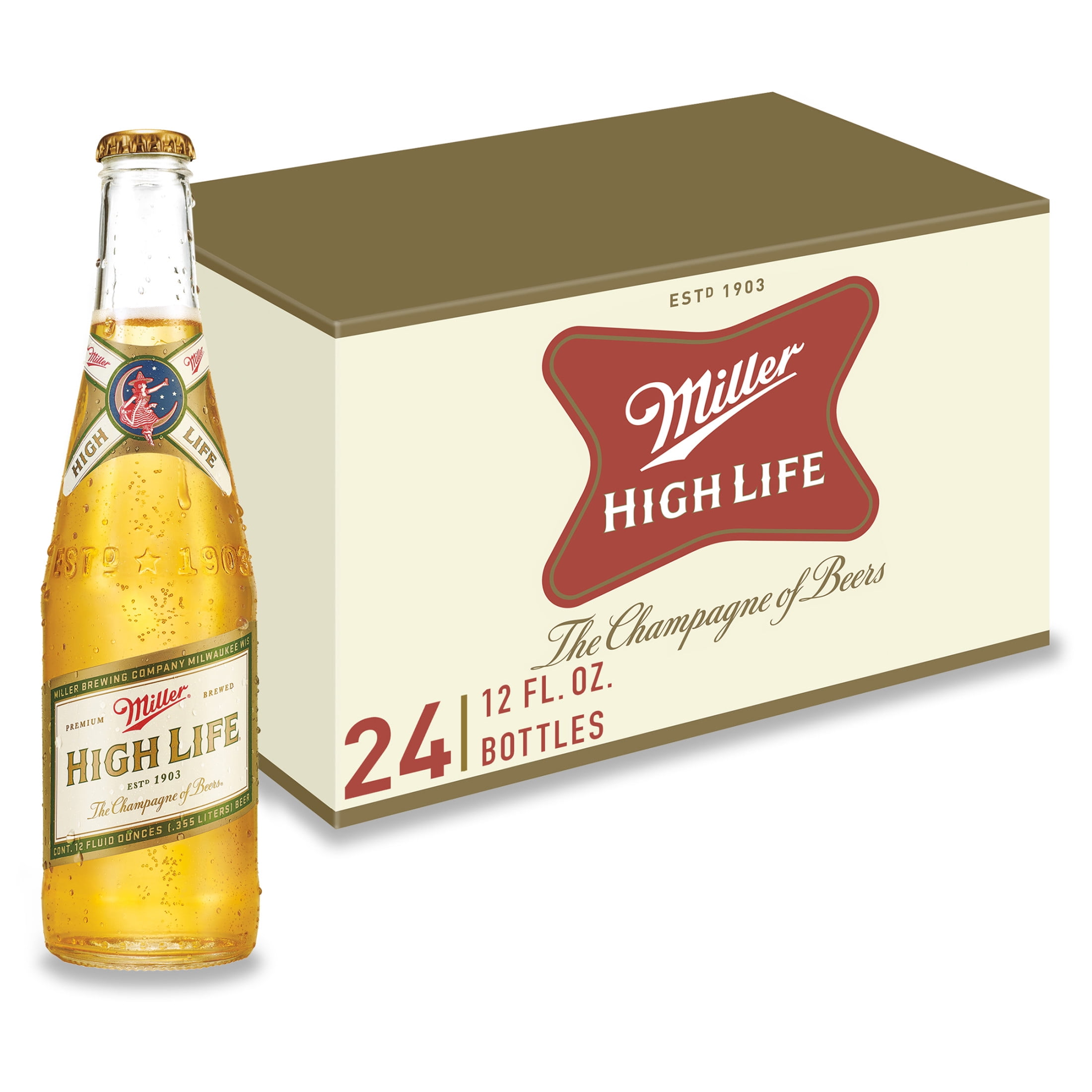 Miller High Life American Beer, 24 Pack, 12 fl oz Glass Bottles, 4.6% ...