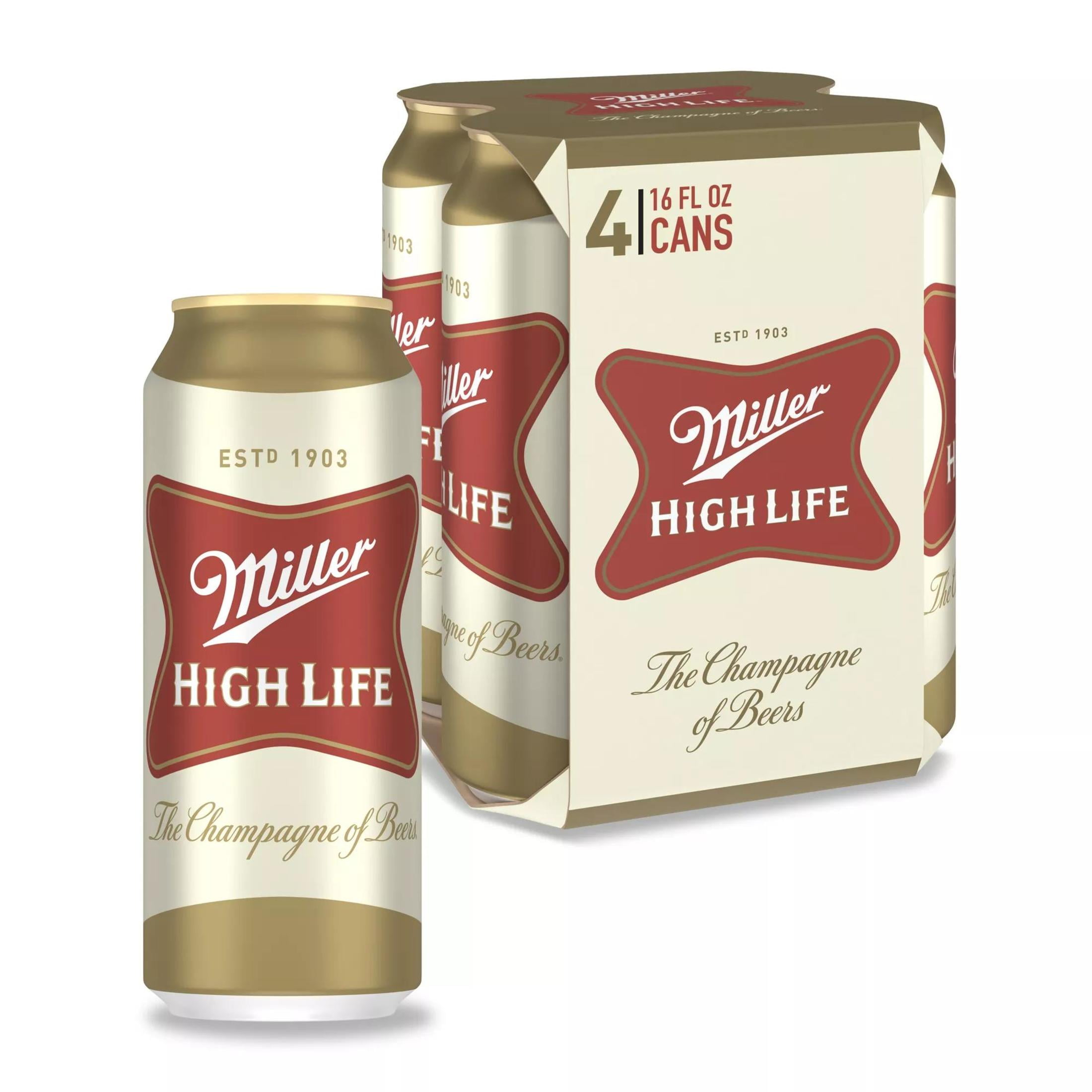 Miller High Life Beer, 4 Pack, 16 fl oz Aluminum Cans, 4.6% ABV ...