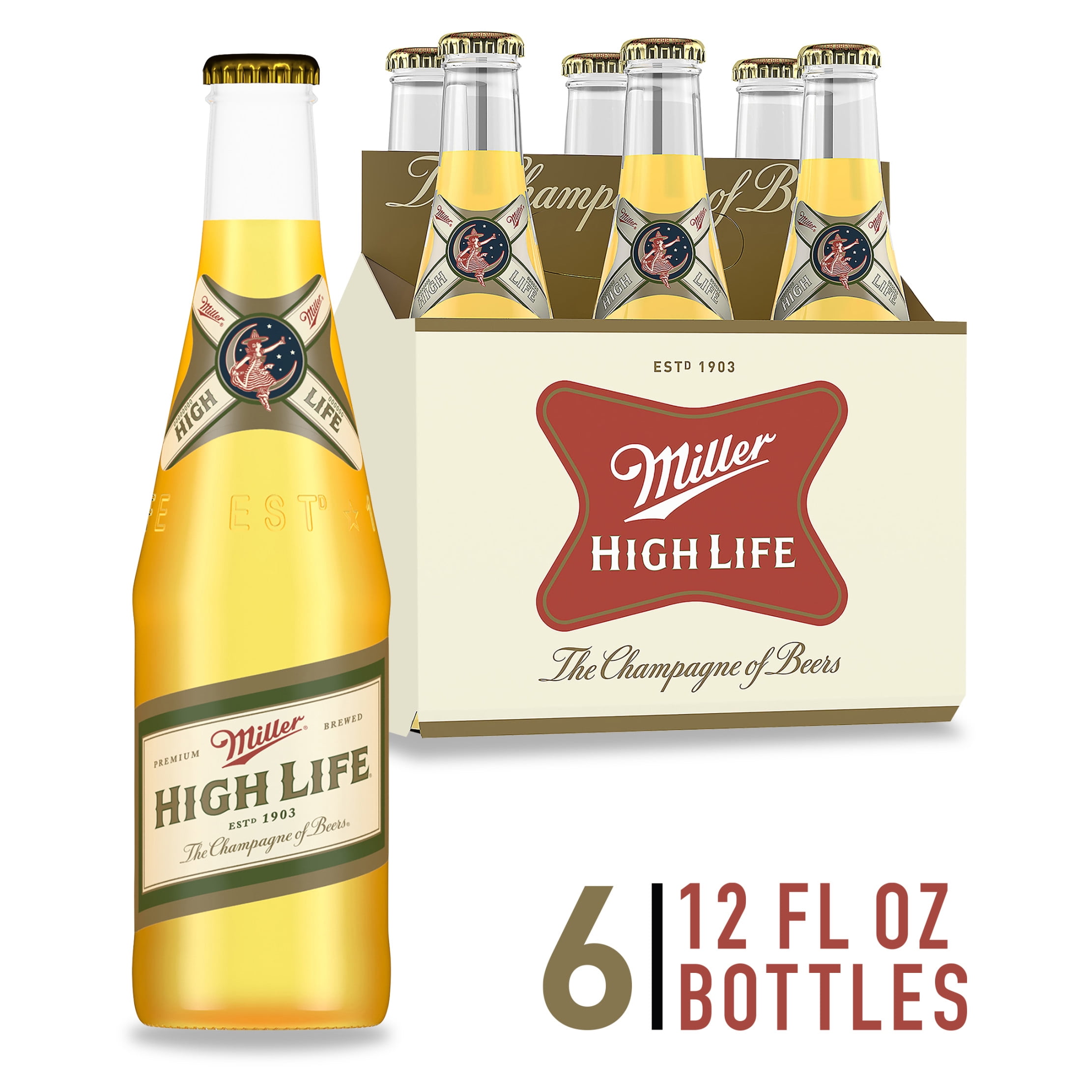 Miller High Life Beer, 6 Pack, 12 fl oz Glass Bottles, 4.6% ABV ...