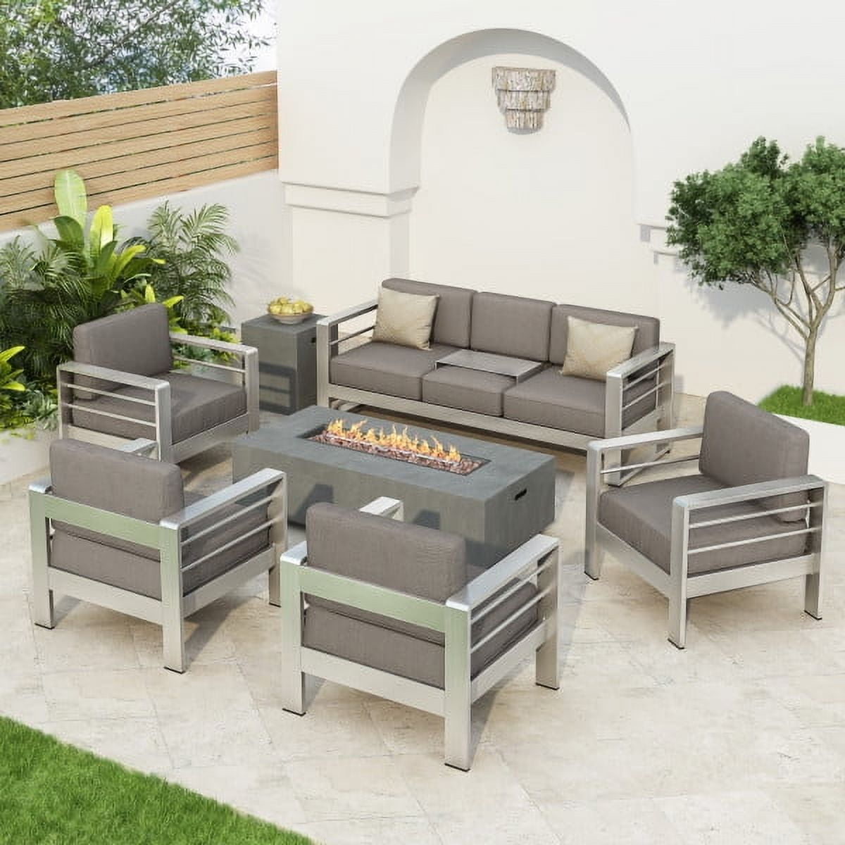 Miller Outdoor Aluminum 7 Seater Chat Set with Fire Pit, Light Gray and ...