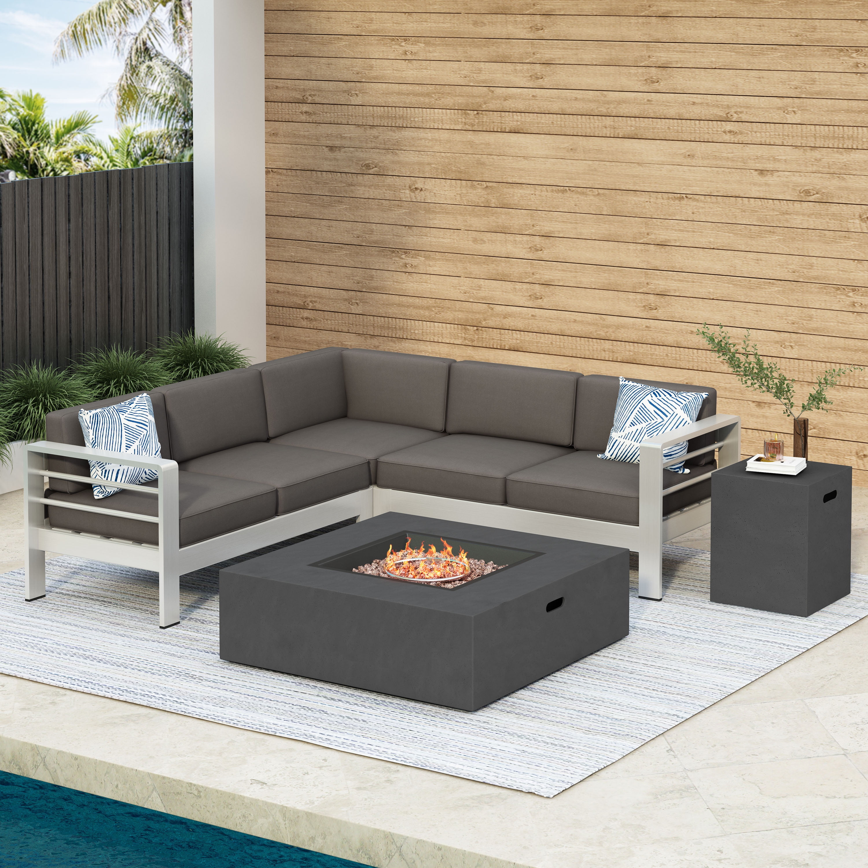 Miller Outdoor V Shaped Sofa Set with Fire Table, Gray/Dark Gray ...