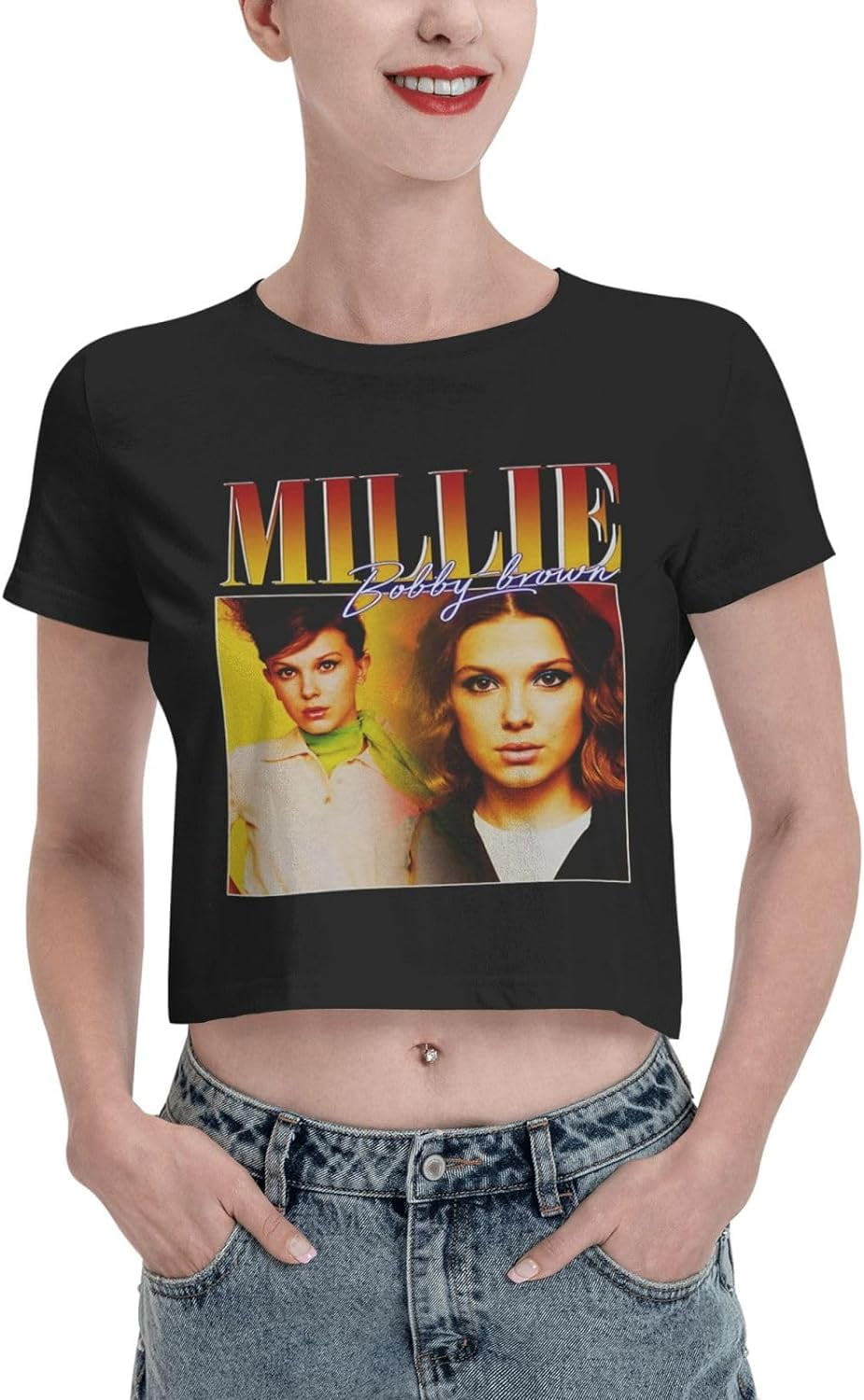 Millie Bobby Brown Leak Navel T Shirt Female Casual Tops Summer Round Neckline Short Sleeve ...