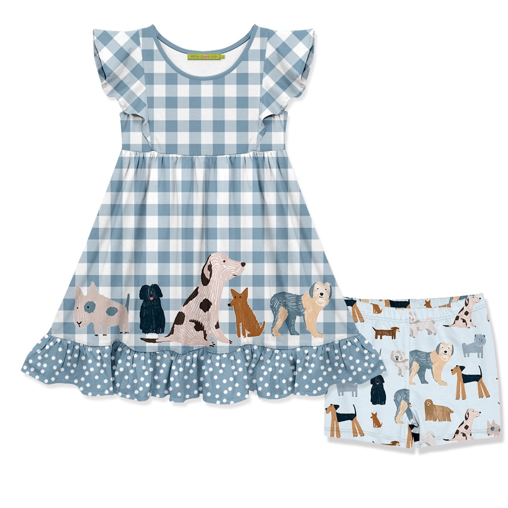 Millie Loves Lily Female Blue Gingham Dogs Angel-Sleeve Dress & Doggy ...