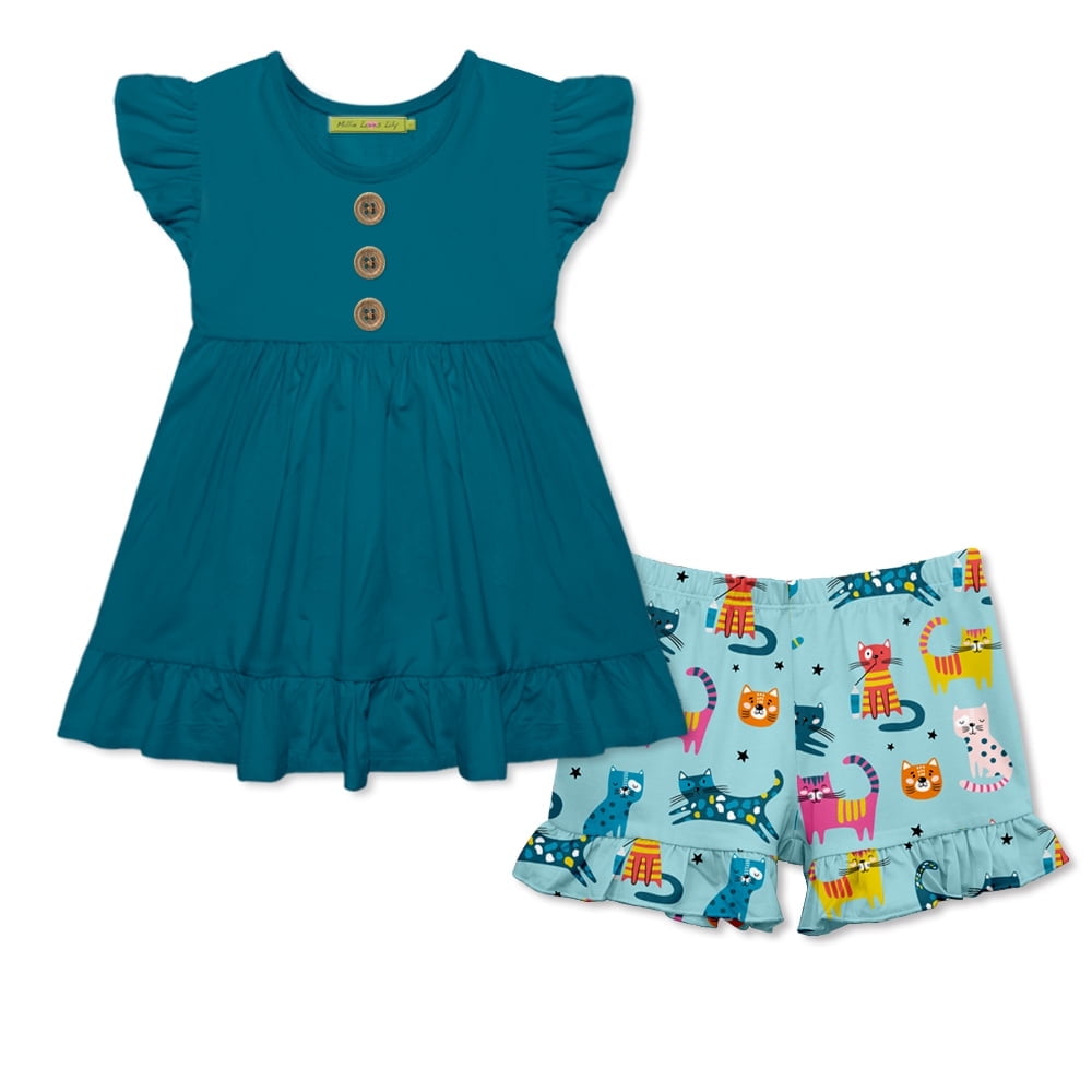 Millie Loves Lily Female Teal Top & Kitty Print Ruffle Shorts set size ...