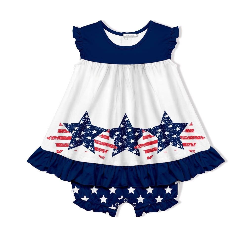 Millie Loves Lily Female White & Navy U.S.A.Stars Border Angel-Sleeve Skirted Bubble Bodysuit ...