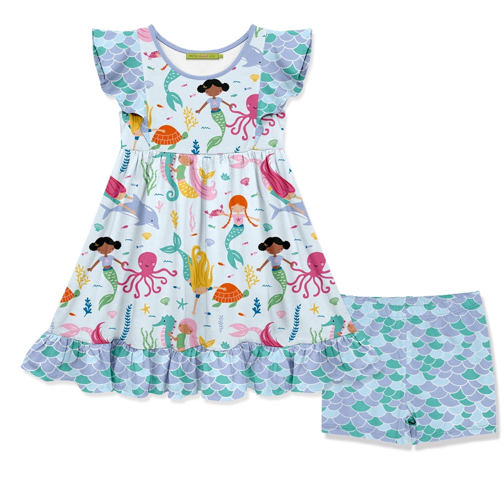 Millie Loves Lily Girls Blue Mermaid Print Dress and Shorts Set,(Size ...