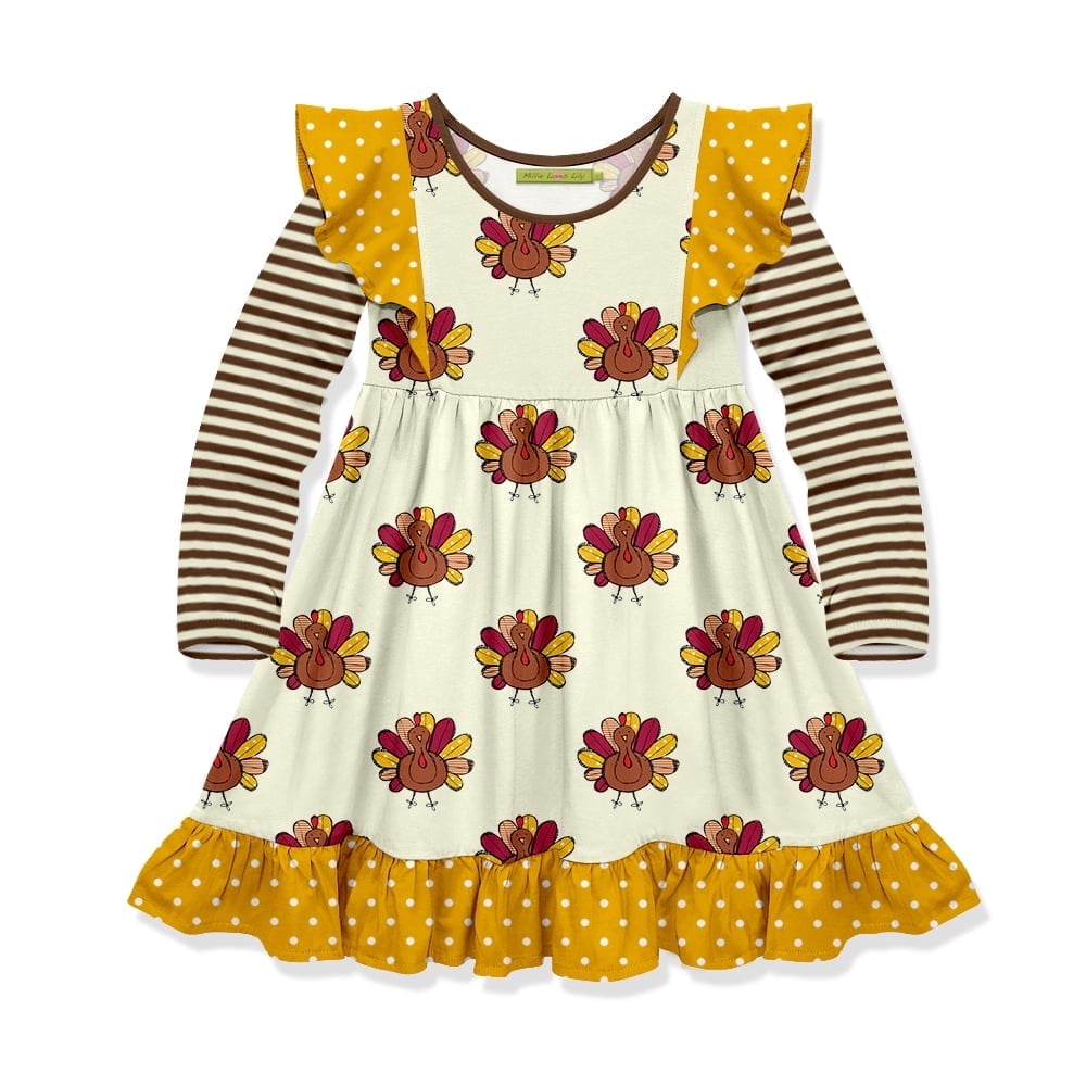 Millie Loves Lily Girls' Cream Thanksgiving Turkey Long Sleeve Dress ...